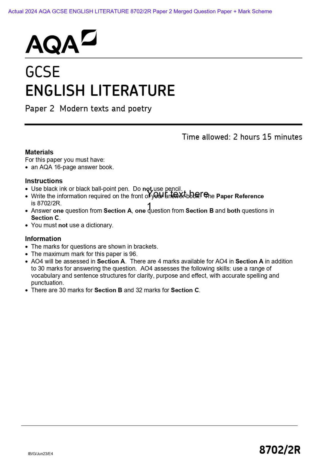 Actual 2024 AQA GCSE ENGLISH LITERATURE 8702/2R Paper 2 Merged Question ...