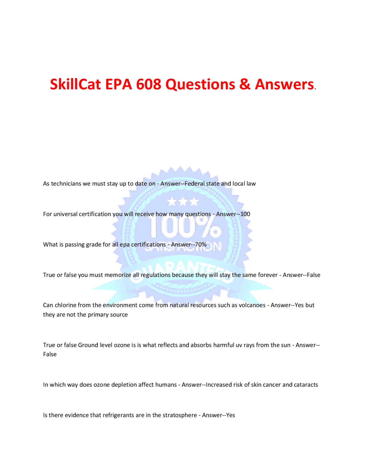 SkillCat EPA 608 Questions & Answers. | Exams Nursing | Docsity