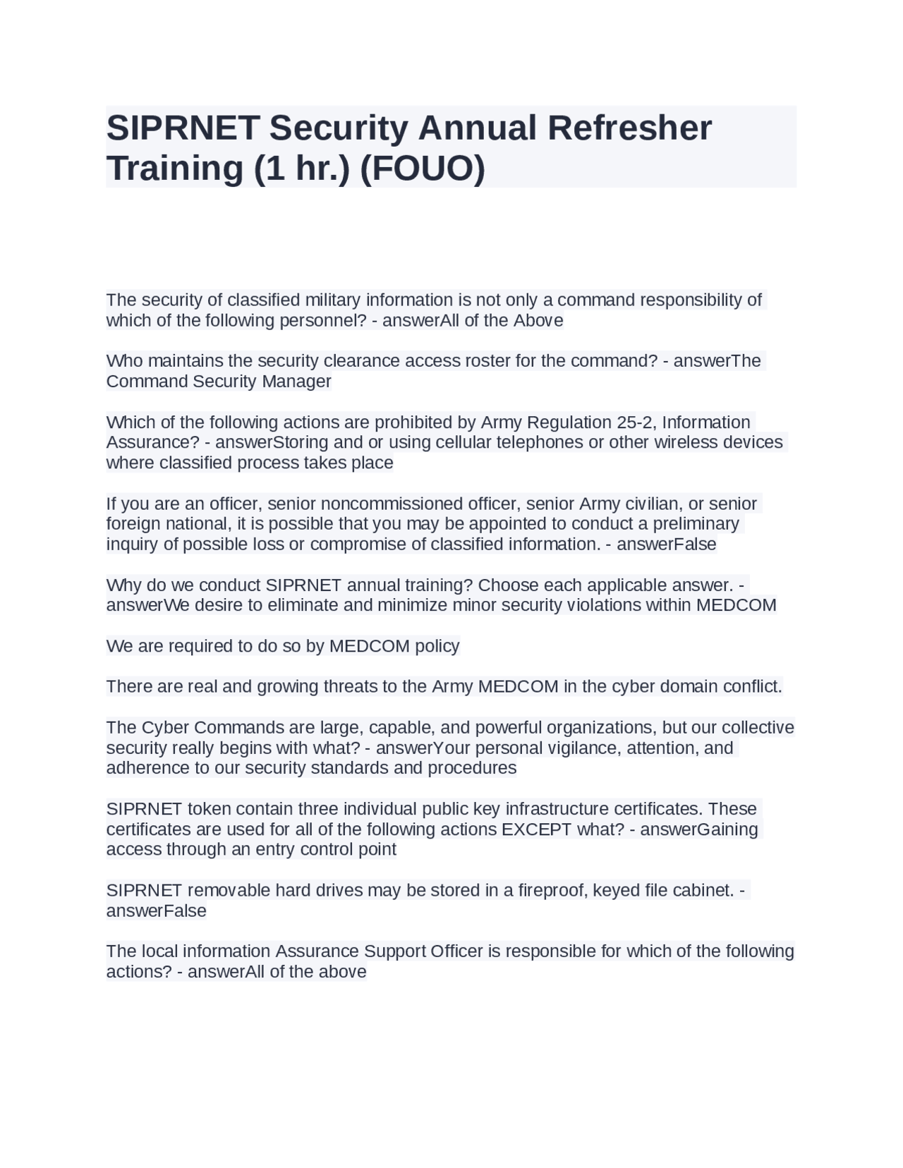 SIPRNET Security Annual Refresher Training (1 hr.) (FOUO). Questions ...