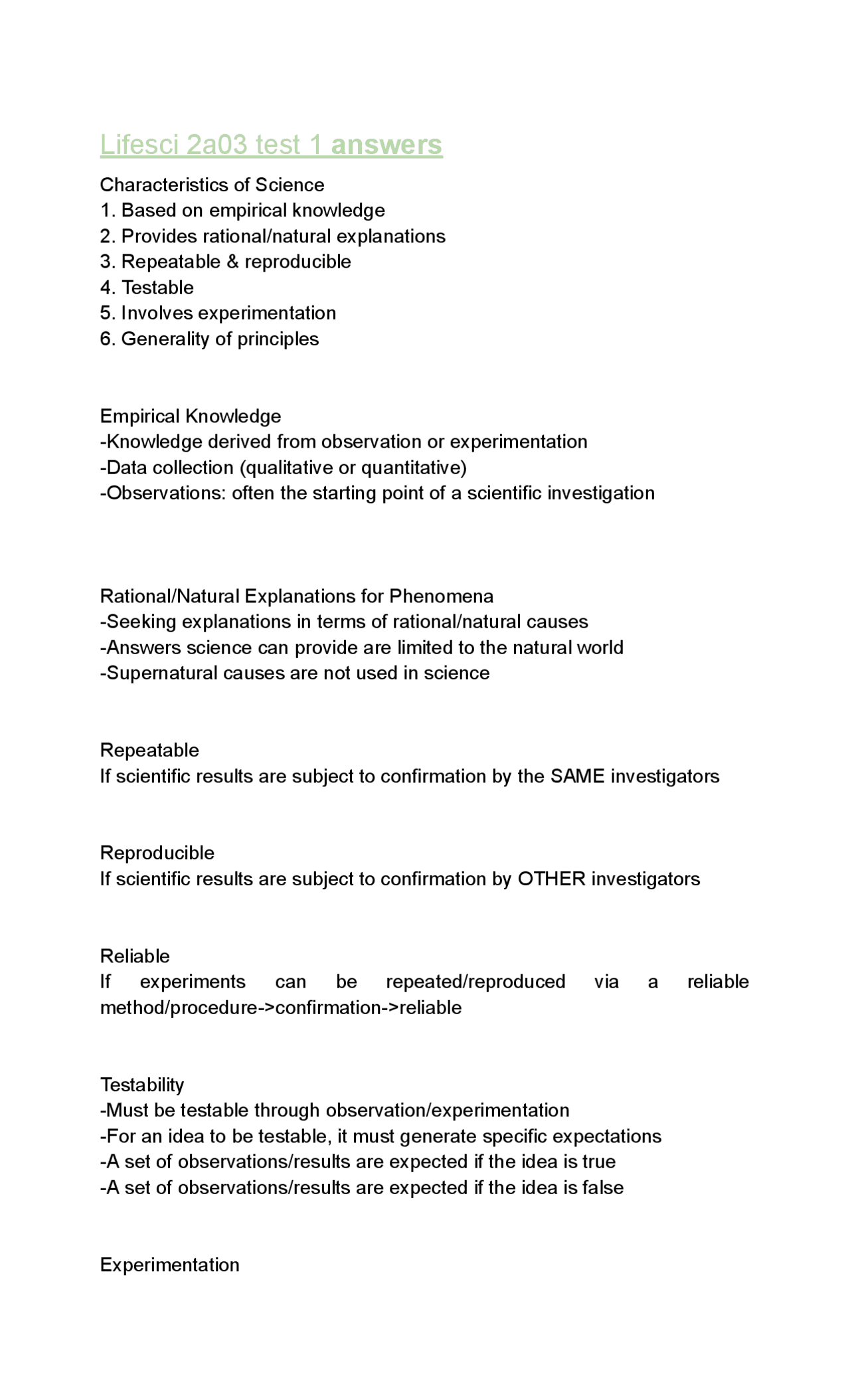 Lifesci 2a03 test 1 answers (Answered) Questions and Correct Answers ...