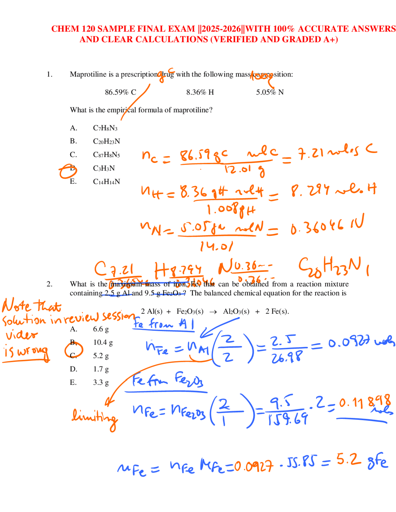 CHEM 120 SAMPLE FINAL EXAM ||2025-2026||WITH 100% ACCURATE ANSWERS ...