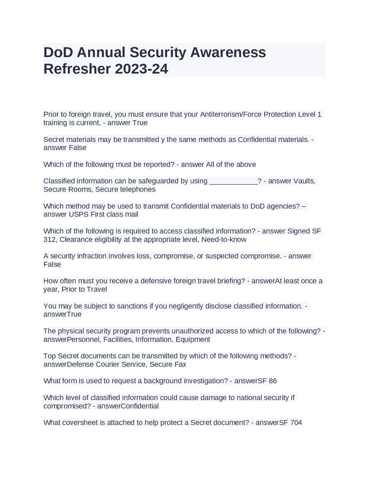 DoD Annual Security Awareness Refresher 2024-25 Questions and Answers ...
