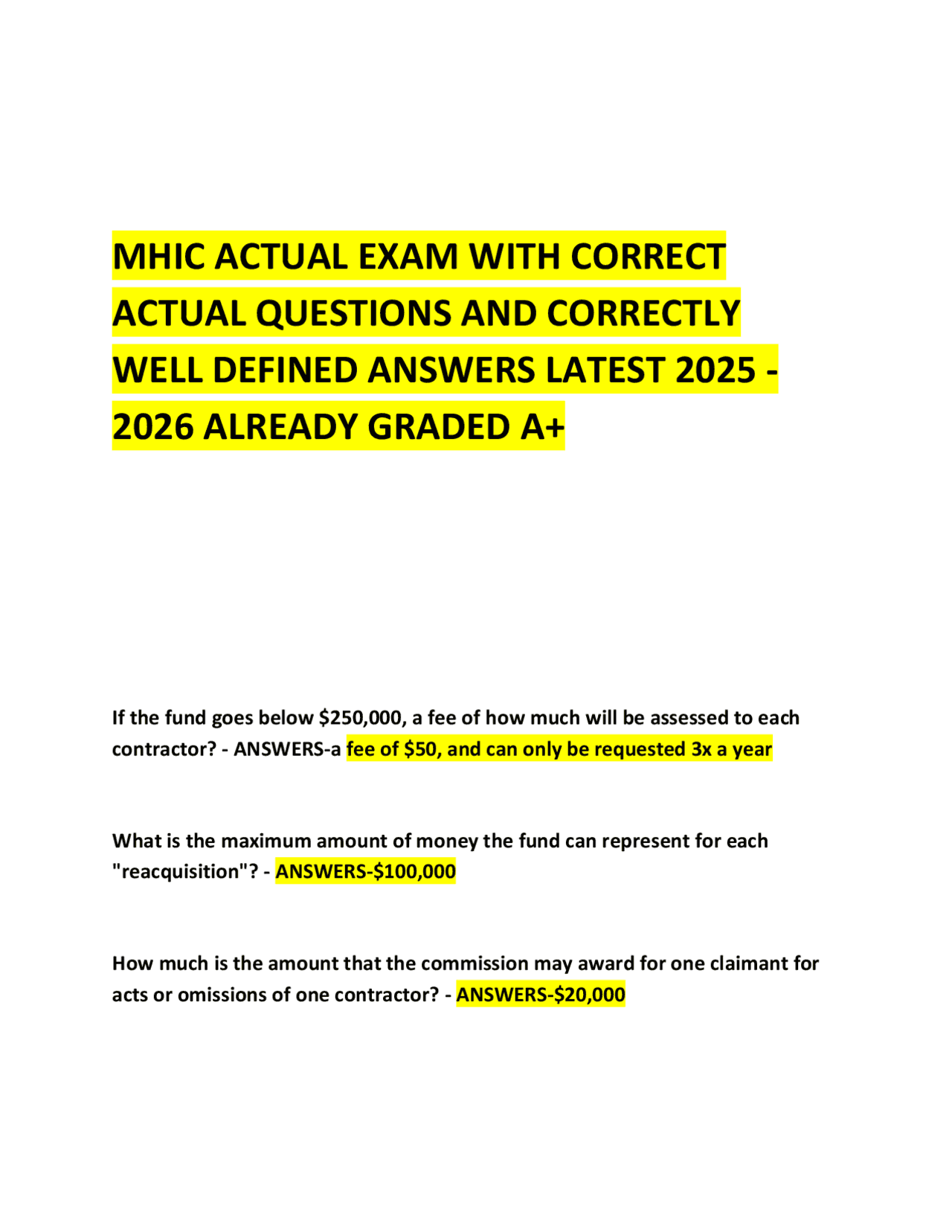 MHIC ACTUAL EXAM WITH CORRECT ACTUAL QUESTIONS AND CORRECTLY WELL ...