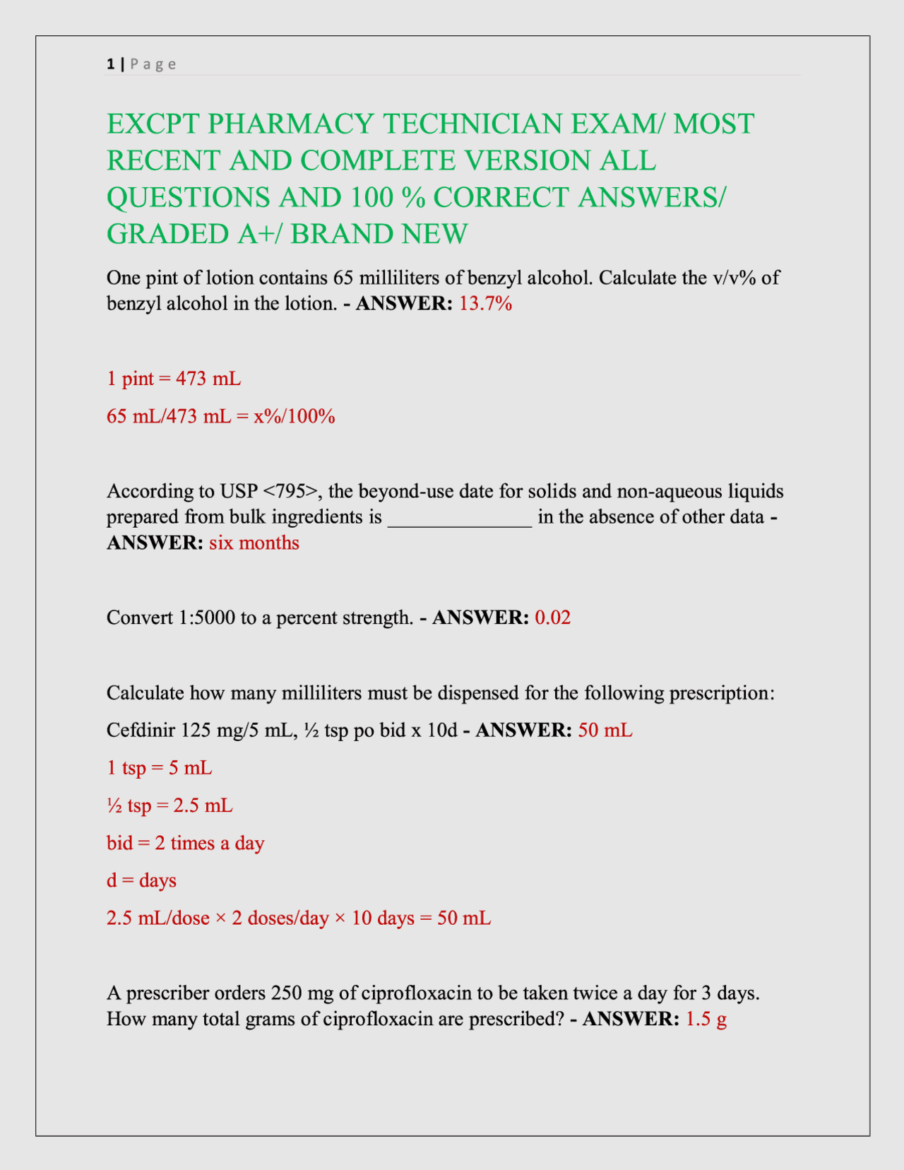 Excpt pharmacy technician exams.pdf | Exams Pharmacy | Docsity