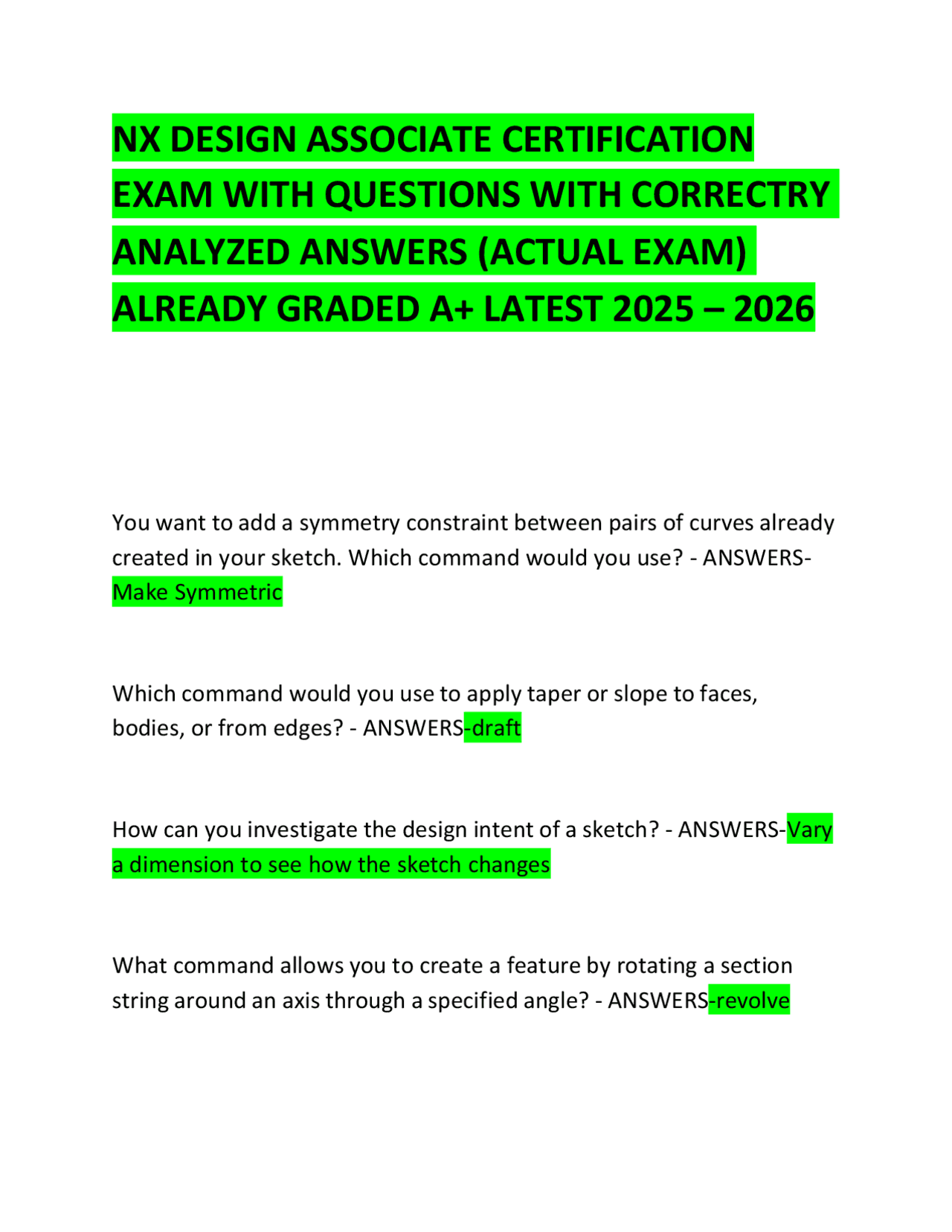 NX DESIGN ASSOCIATE CERTIFICATION EXAM WITH QUESTIONS WITH CORRECTRY ...