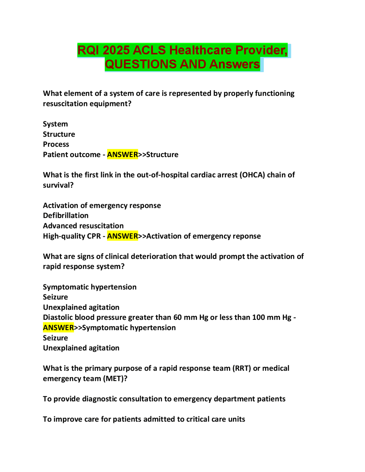 RQI 2025 ACLS Healthcare Provider, QUESTIONS AND Answers | Exams Health ...