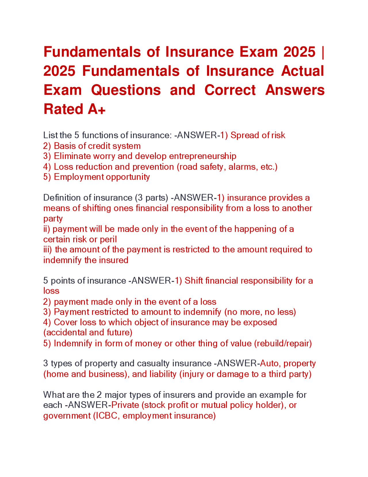 Fundamentals of Insurance: Exam Questions and Answers | Exams Nursing ...