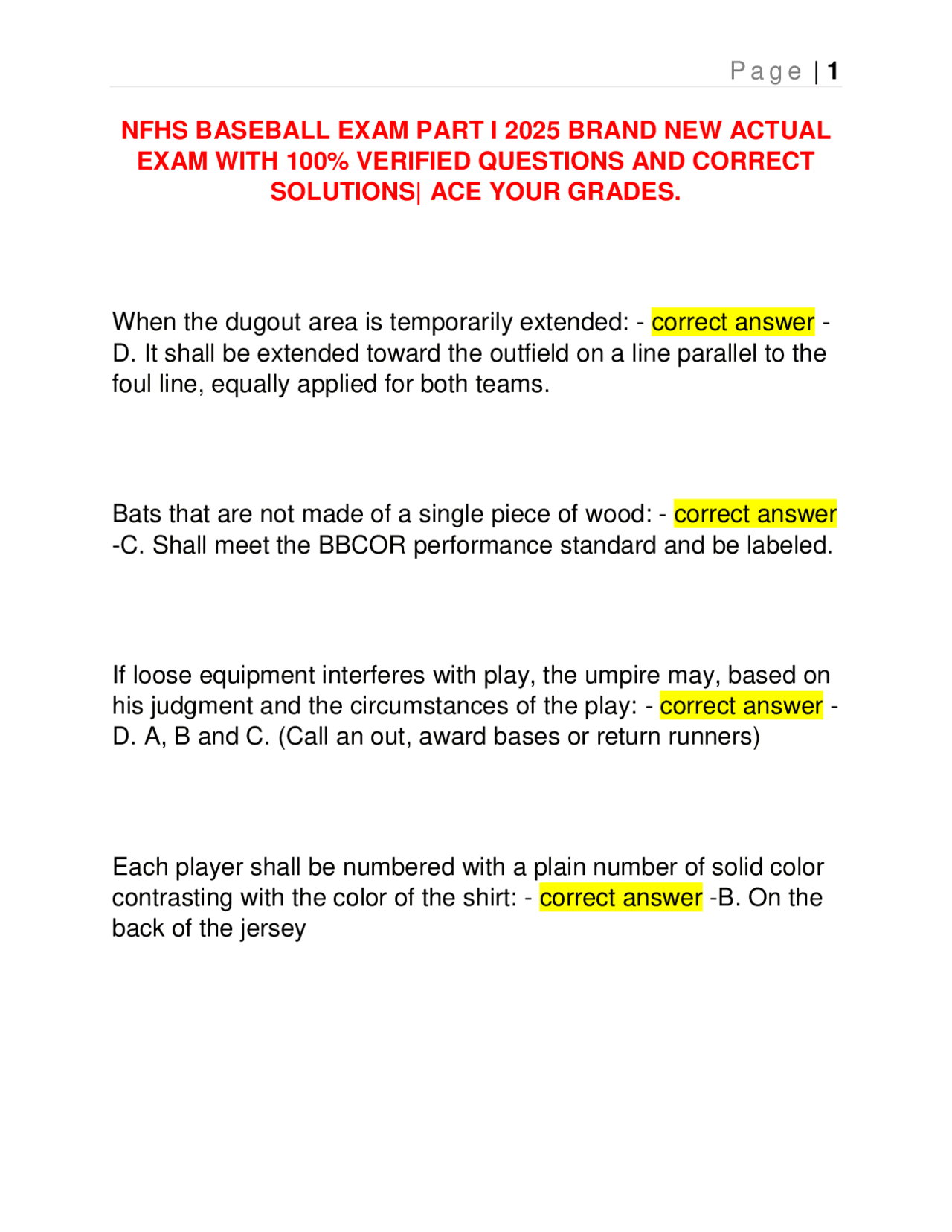 NFHS Baseball Rules Exam: Questions and Answers | Exams Physical ...