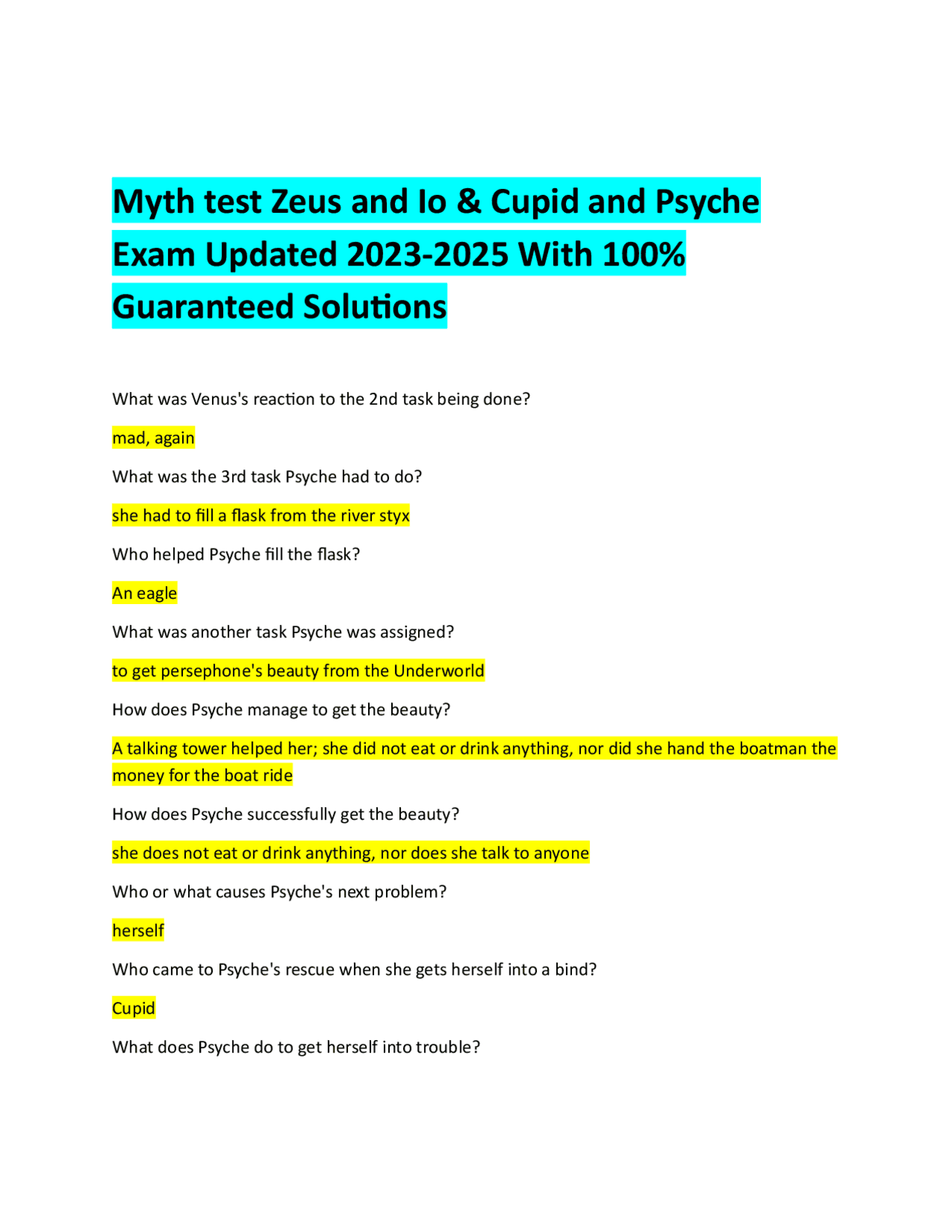 Myth test Zeus and Io & Cupid and Psyche Exam Updated 2023-2025 With ...