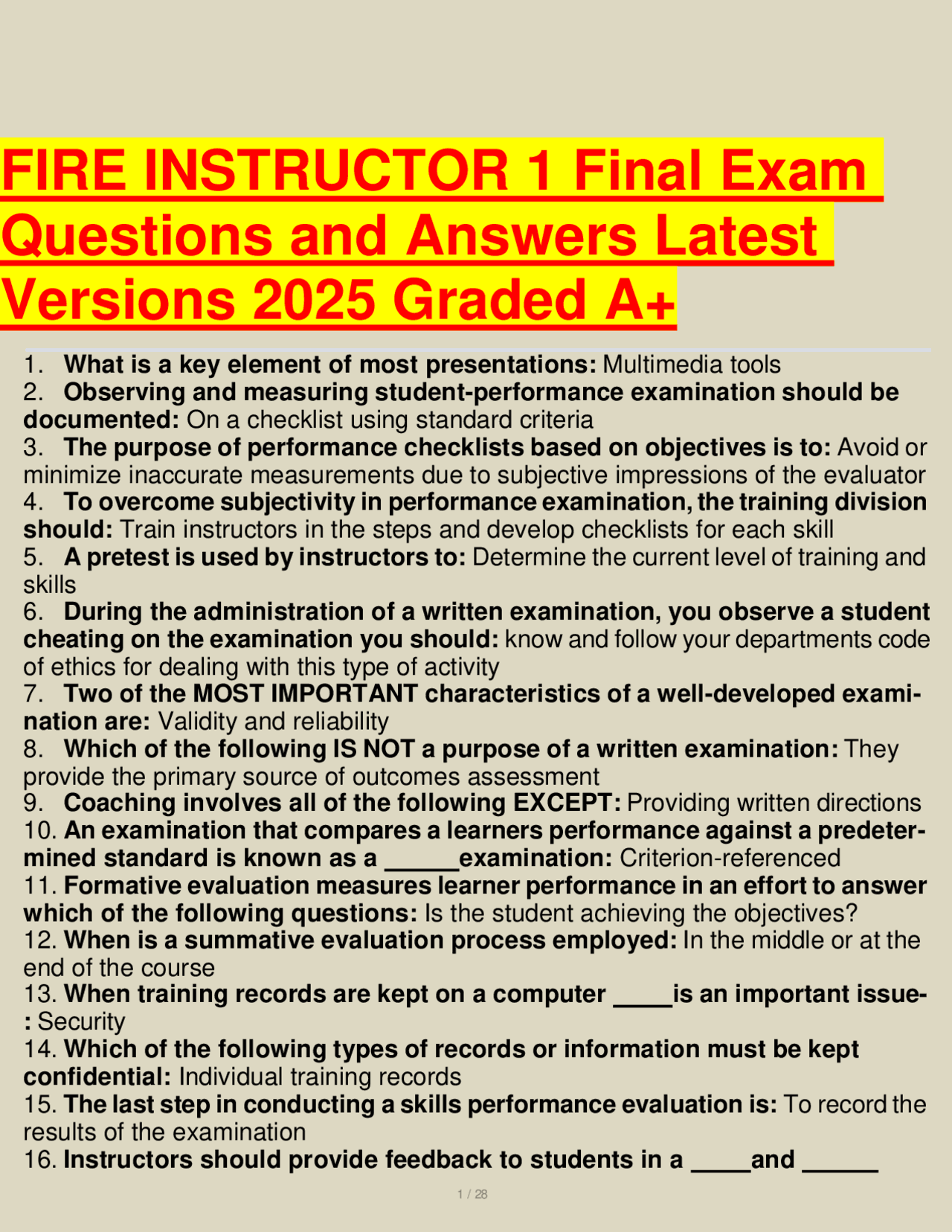 FIRE INSTRUCTOR 1 Final Exam Questions and Answers Latest Versions 2025 ...