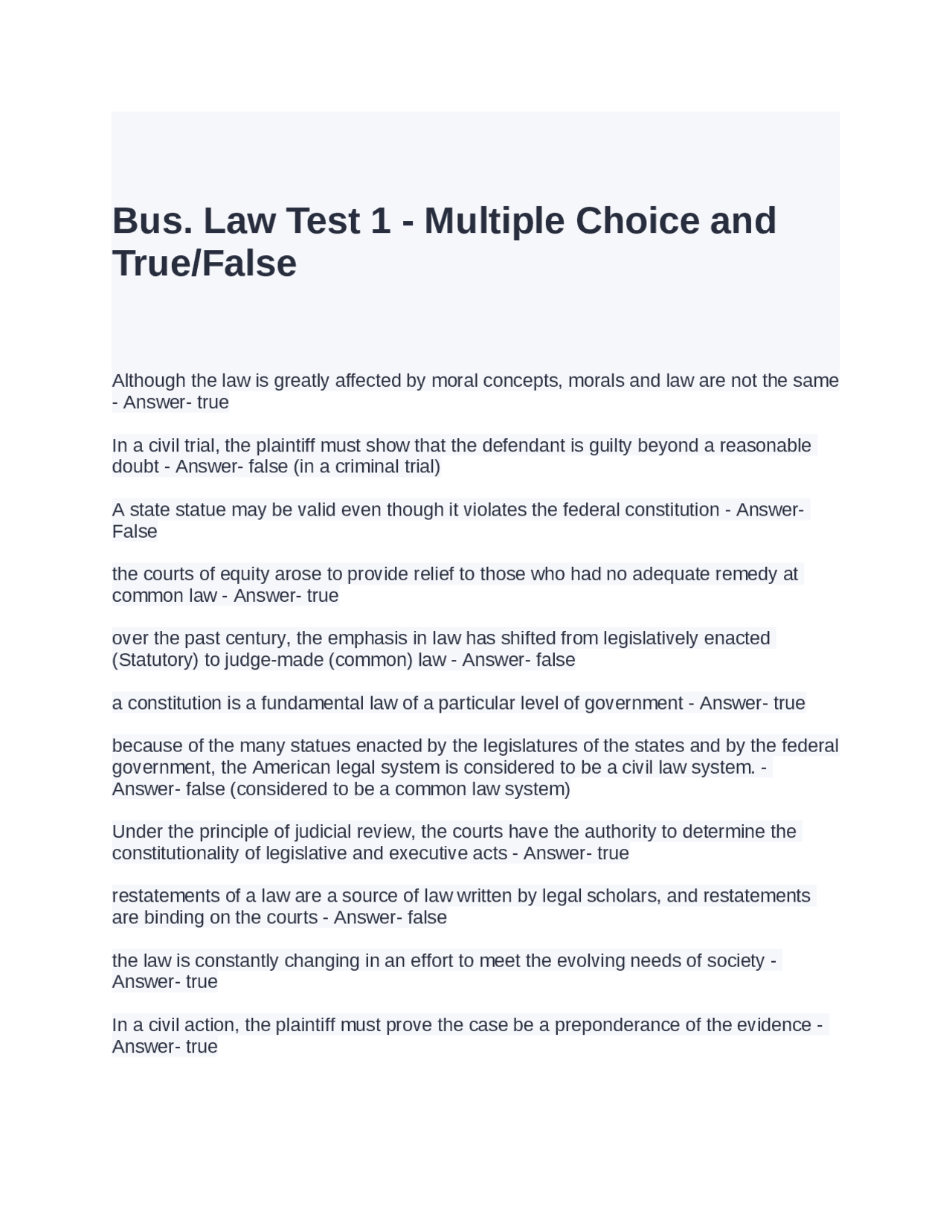 Business Law Test 1: Multiple Choice and True/False Questions | Exams ...