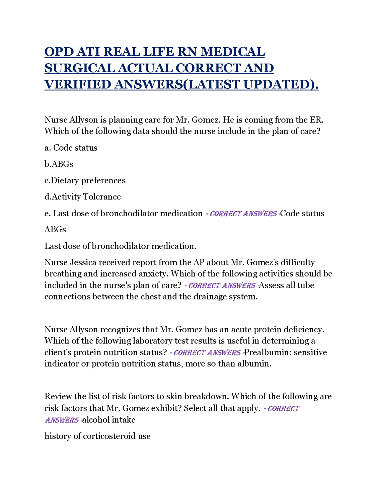 OPD ATI REAL LIFE RN MEDICAL SURGICAL ACTUAL CORRECT AND VERIFIED ...