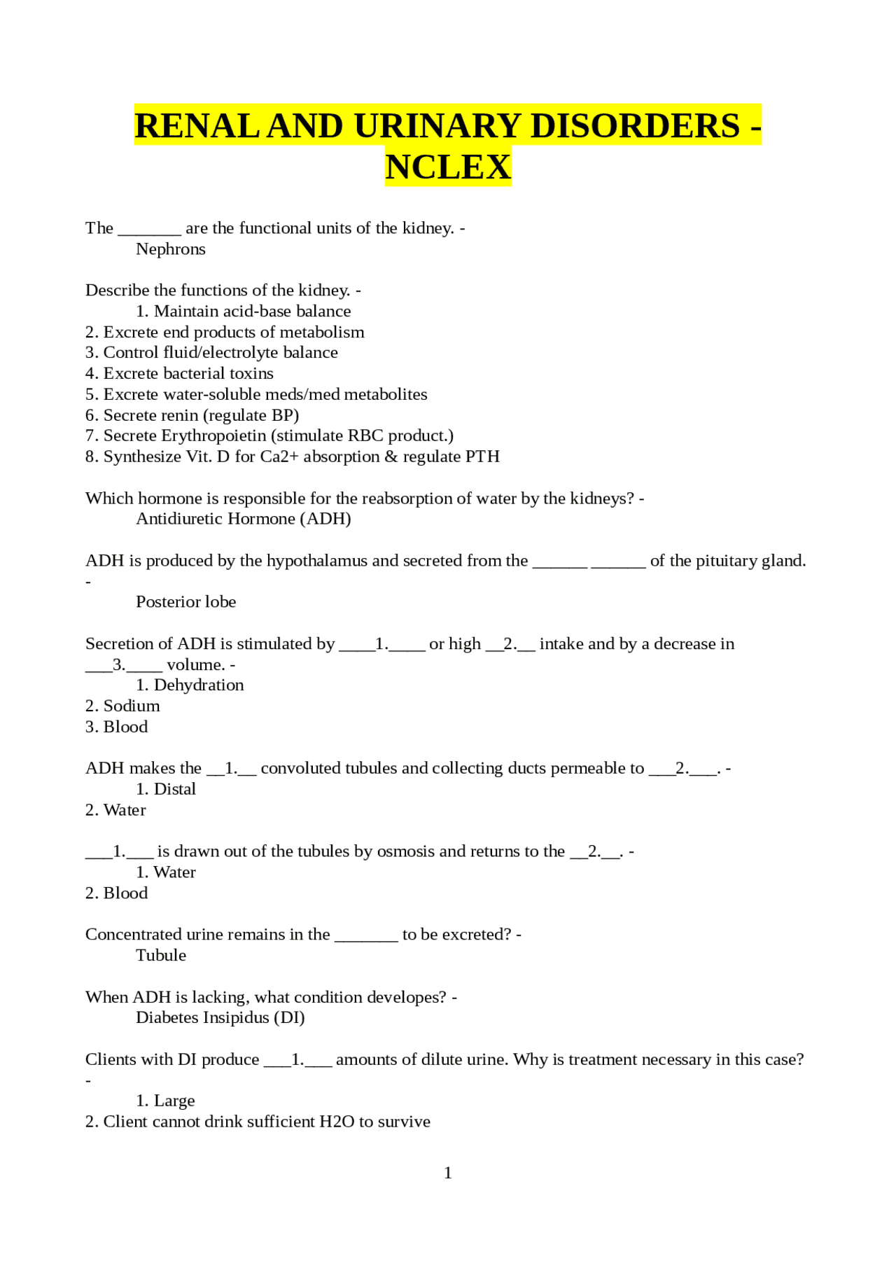 RENAL AND URINARY DISORDERS - NCLEX | Exams Nursing | Docsity