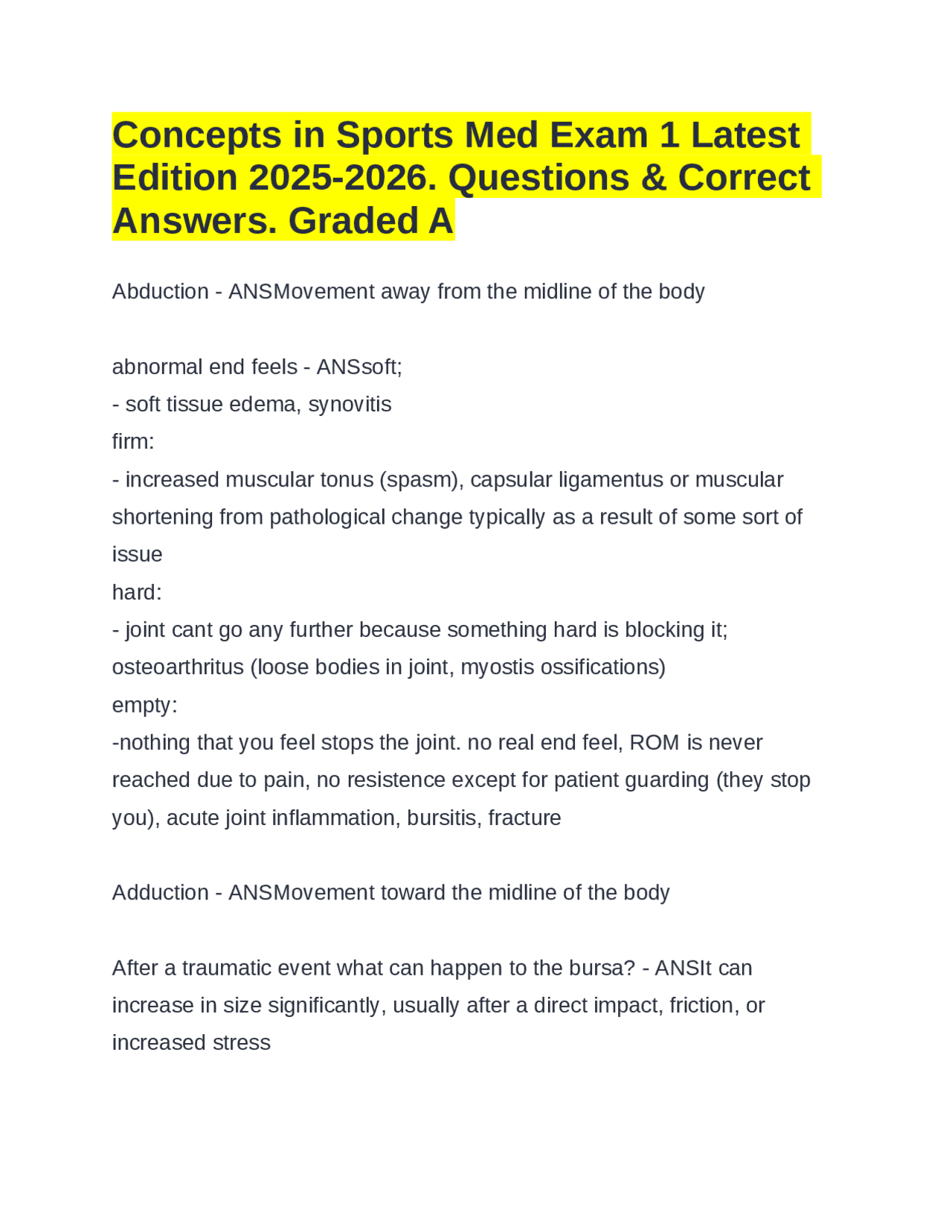 Concepts in Sports Med Exam 1 Latest Edition 2025-2026.Questions ...