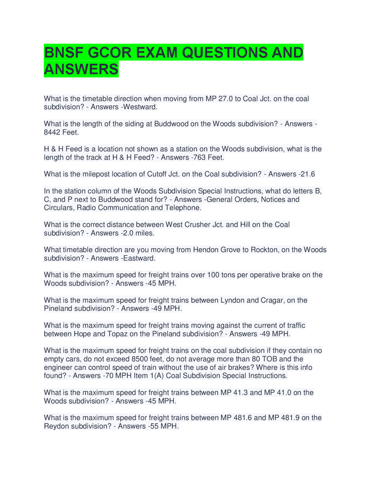 BNSF GCOR EXAM QUESTIONS AND ANSWERS | Exams Advanced Education | Docsity