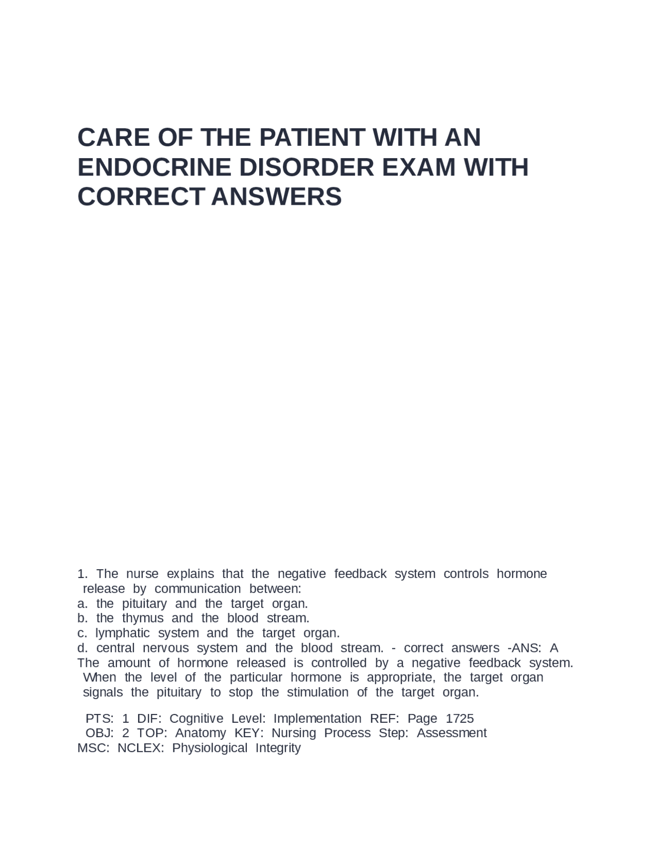 CARE OF THE PATIENT WITH AN ENDOCRINE DISORDER EXAM WITH CORRECT ANSWERS | Exams Advanced ...