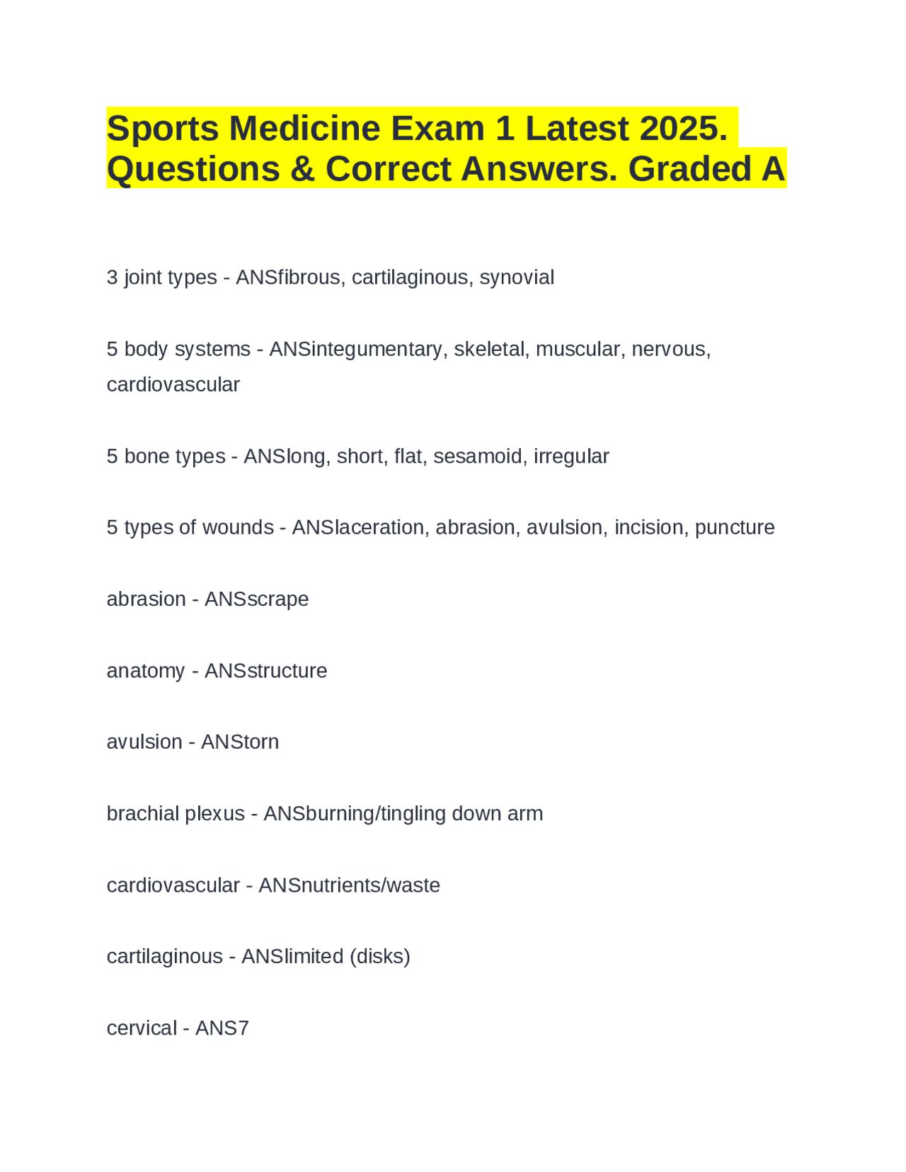 Sports Medicine Exam 1 Latest 2025. Questions & Correct Answers. Graded ...