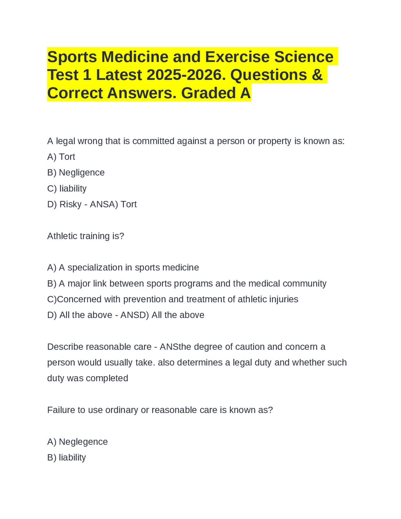 Sports Medicine and Exercise Science Test 1 Latest 2025-2026. Questions ...