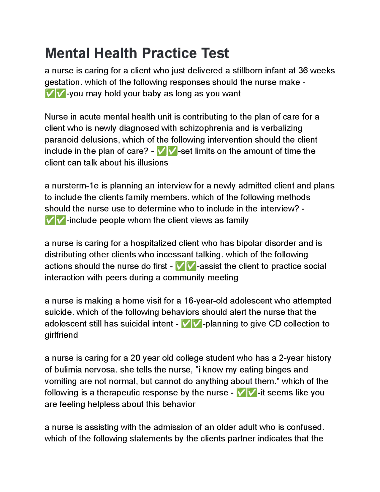 Mental Health Nursing Practice Questions | Exams Nursing | Docsity