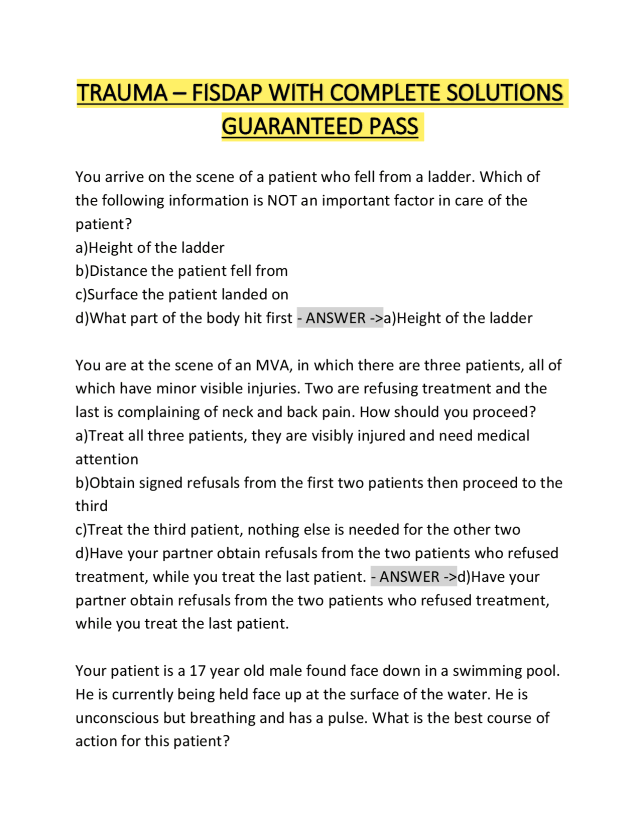 TRAUMA – FISDAP WITH COMPLETE SOLUTIONS GUARANTEED PASS | Exams ...