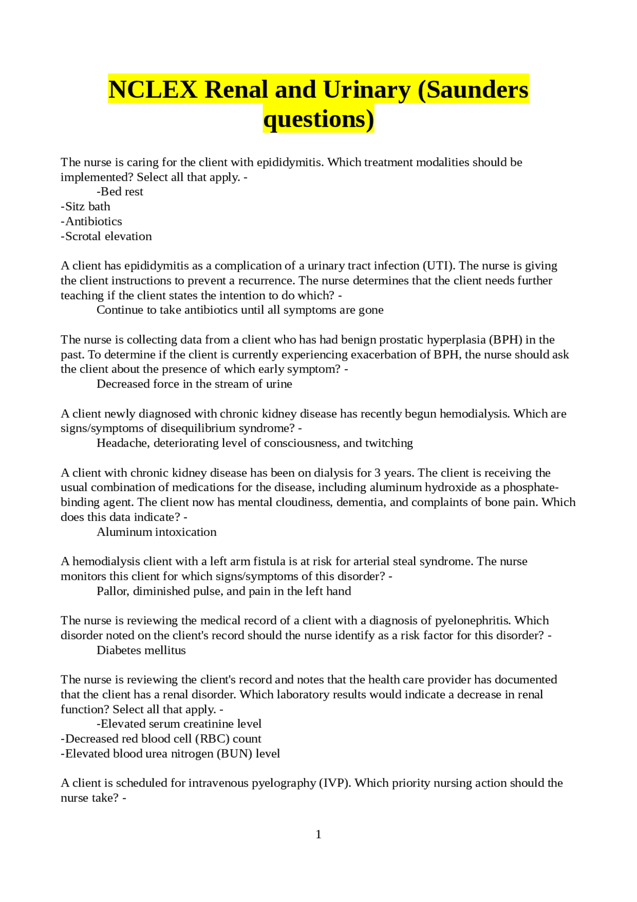 NCLEX Renal and Urinary (Saunders questions) | Exams Nursing | Docsity