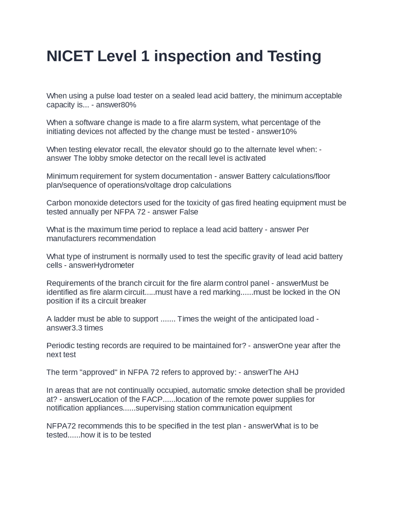 NICET Level 1 inspection and Testing Questions and Answers Graded A+ ...