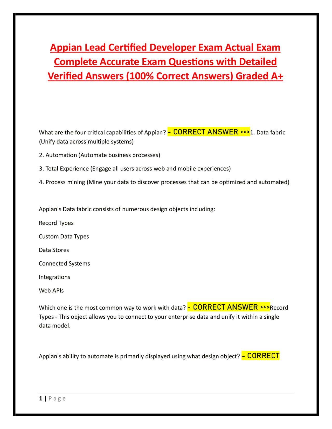 Appian Lead Certified Developer Exam Actual Exam Complete Accurate Exam ...
