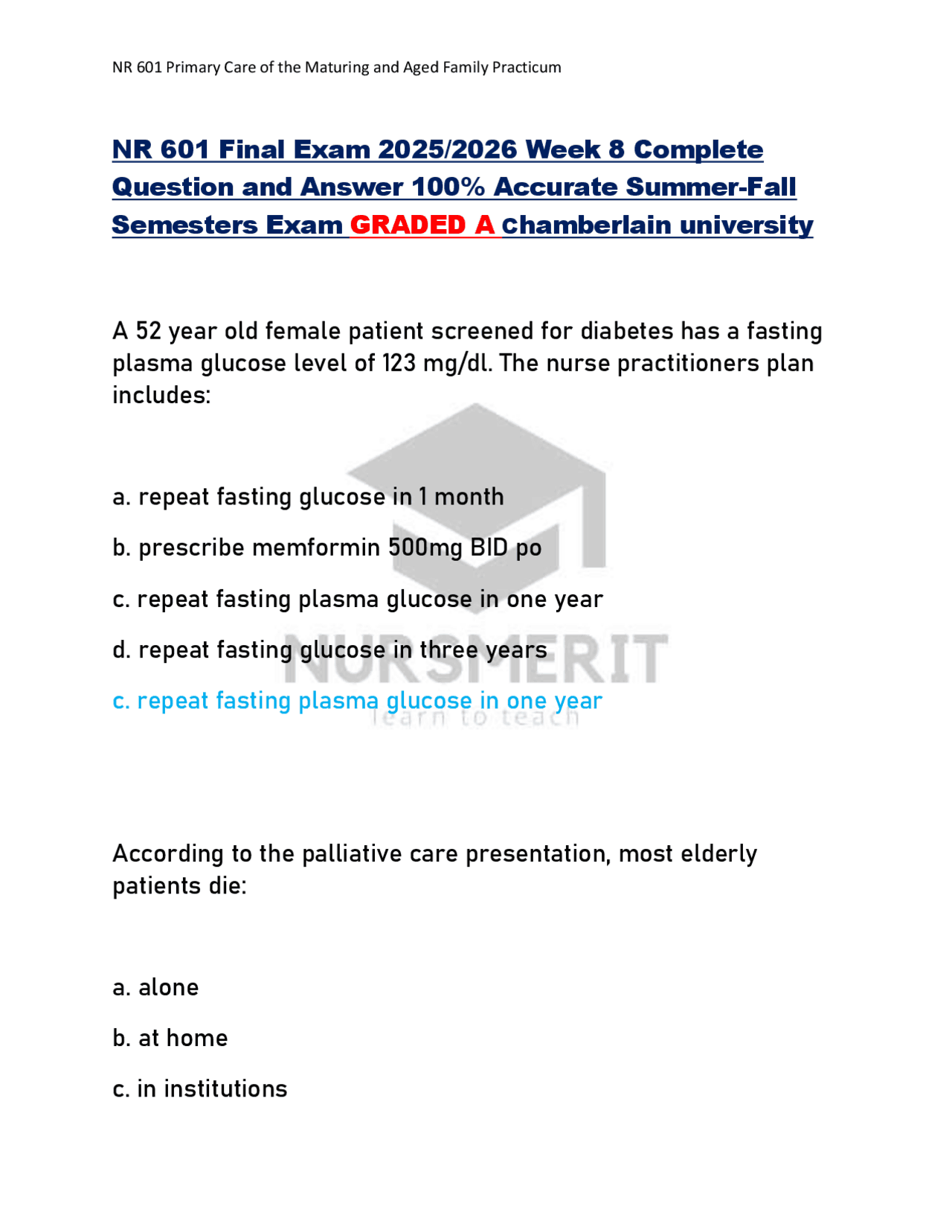 NR 601 Final Exam 2025/2026 Week 8 Complete Question and Answer 100% Accurate Summer-Fall ...