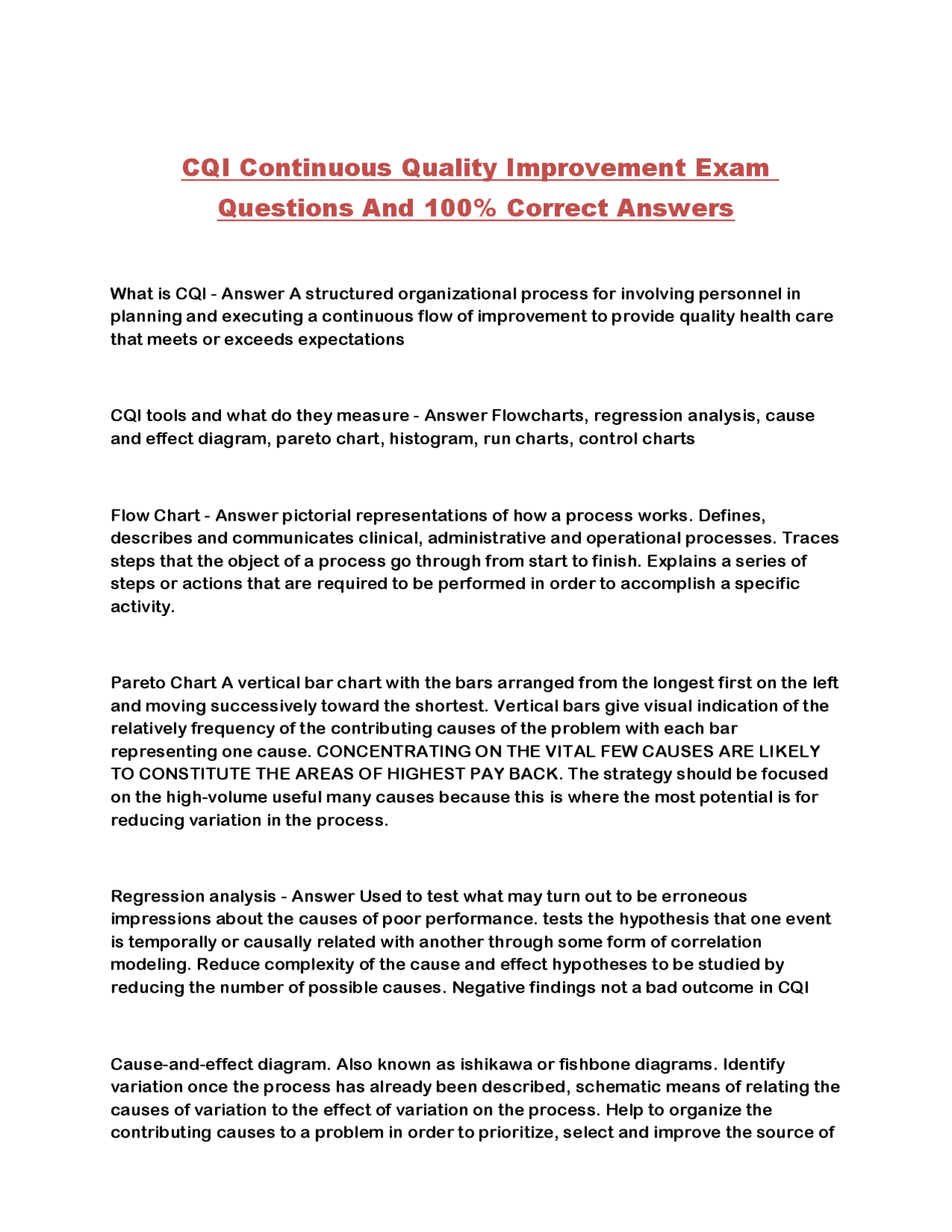 CQI Continuous Quality Improvement Exam Questions And 100% Correct ...