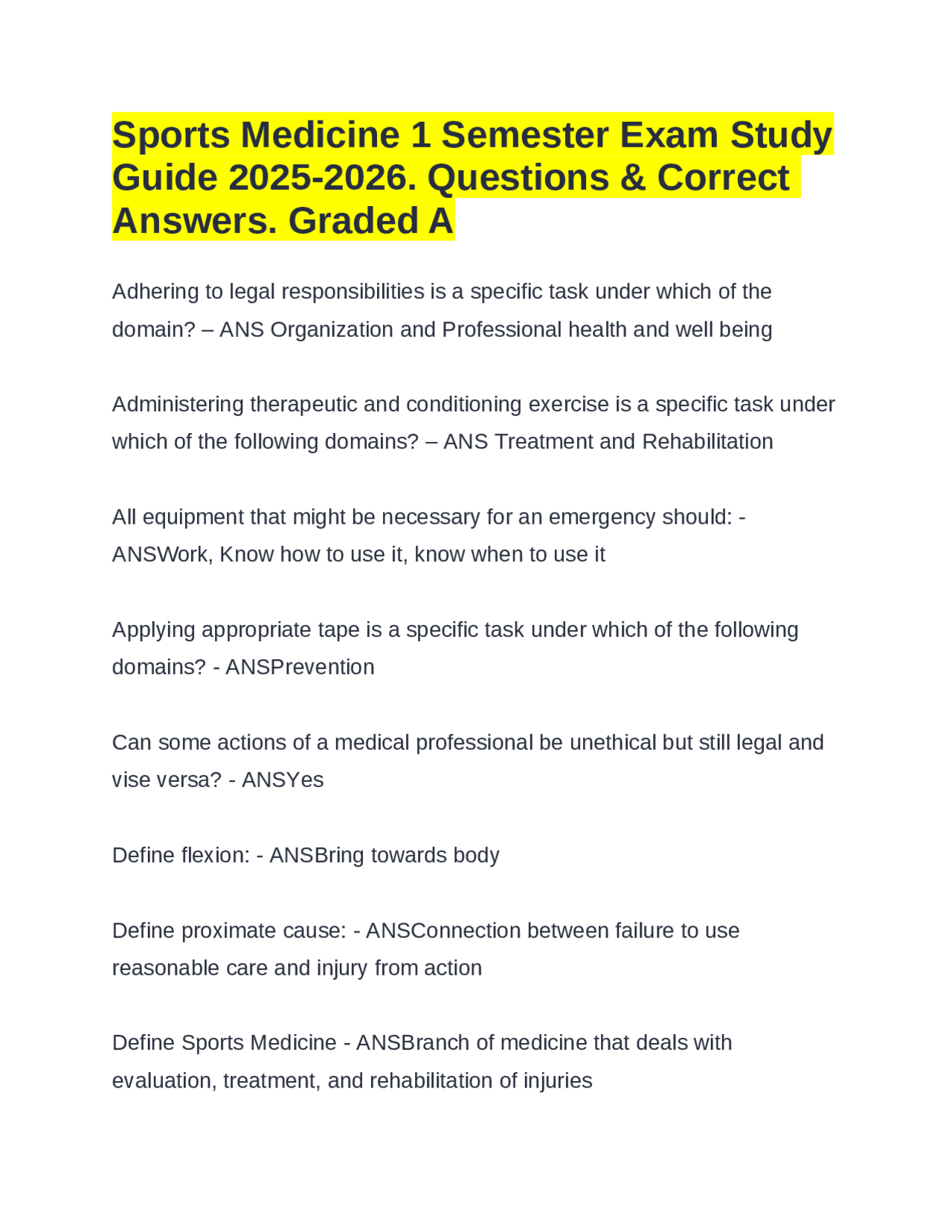 Sports Medicine 1 Semester Exam Study Guide 2025-2026. Questions ...