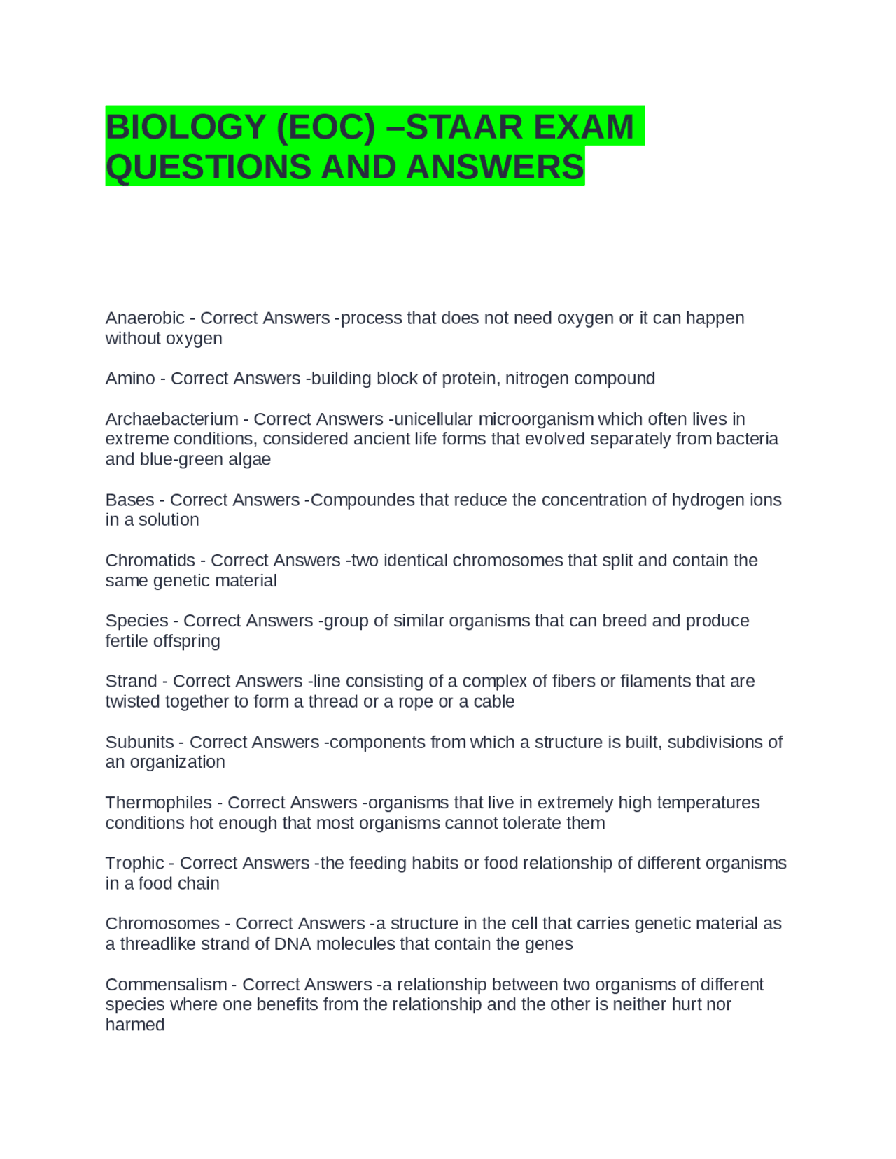 Biology STAAR Exam: Key Terms and Definitions | Exams Biology | Docsity