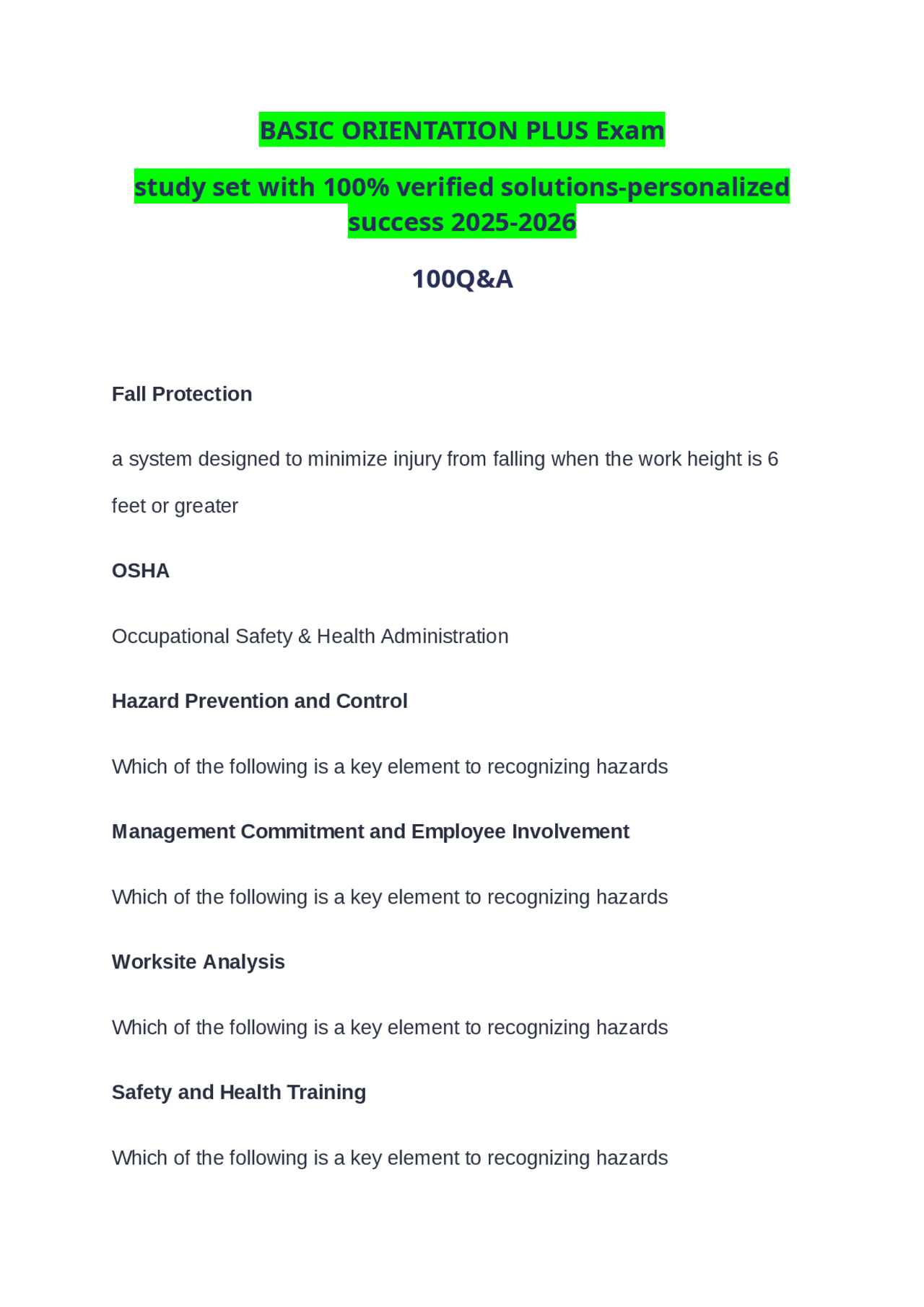 BASIC ORIENTATION PLUS Exam study set with 100% verified solutions ...