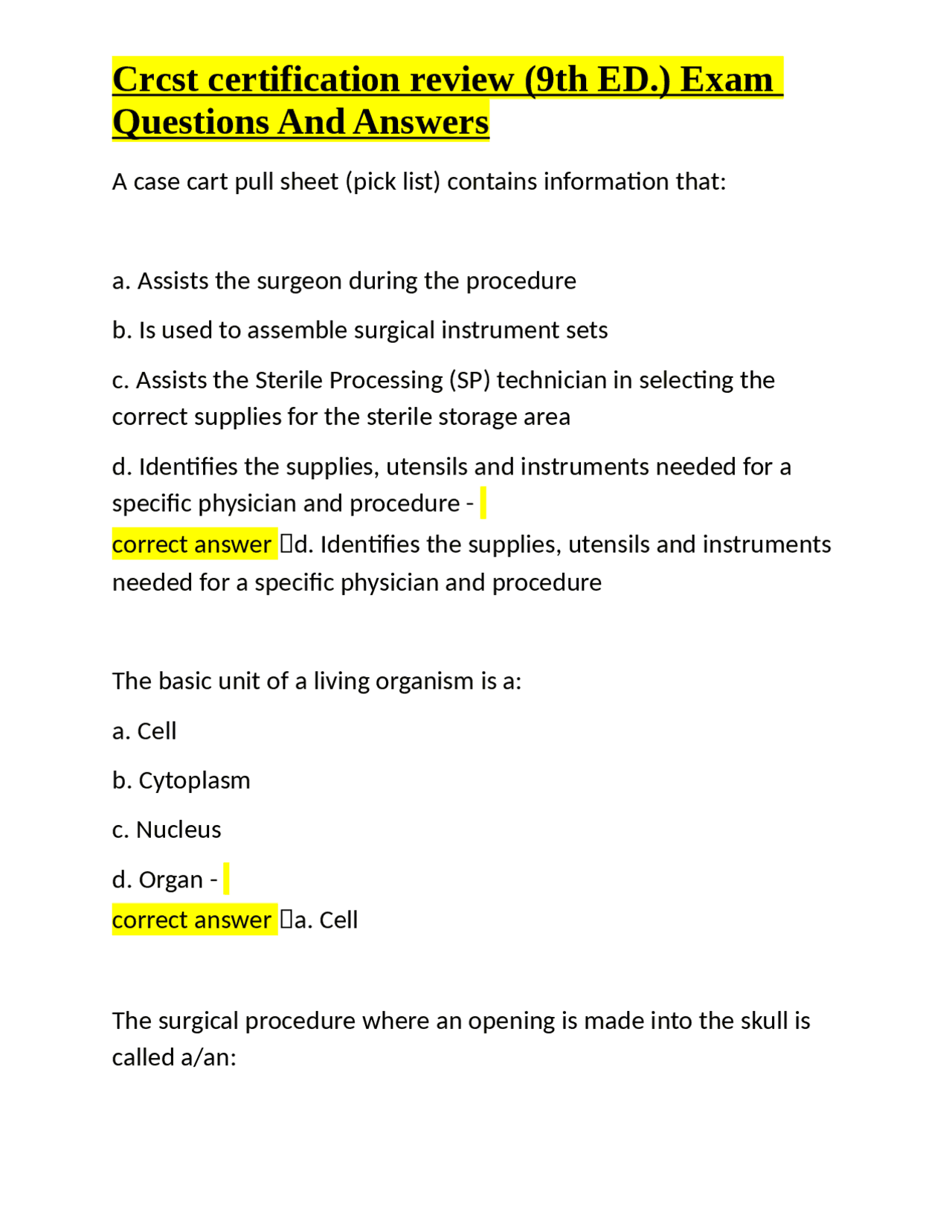 Crcst certification review (9th ED.) Exam Questions And Answers | Exams ...