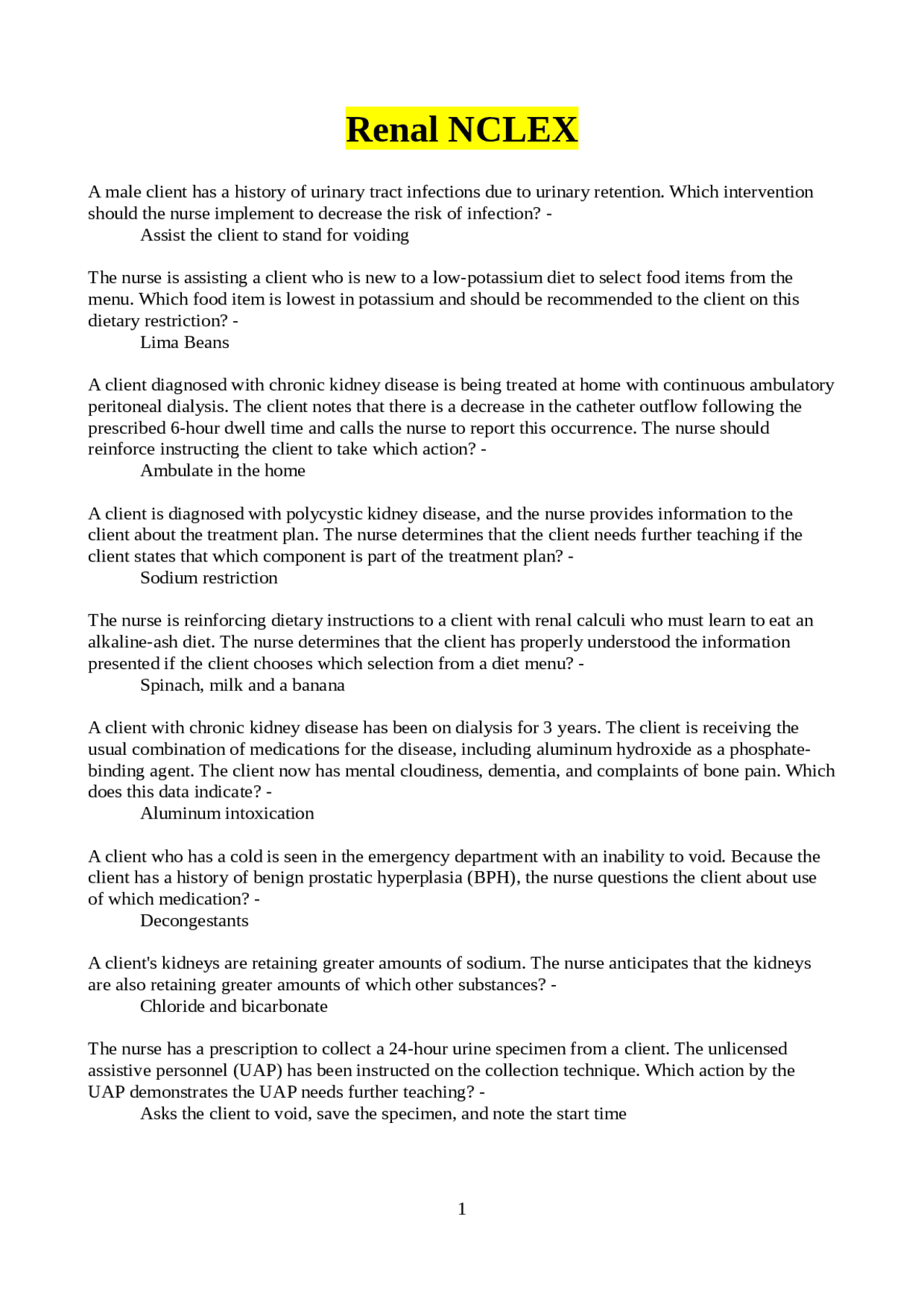 Renal NCLEX Renal NCLEX | Exams Nursing | Docsity