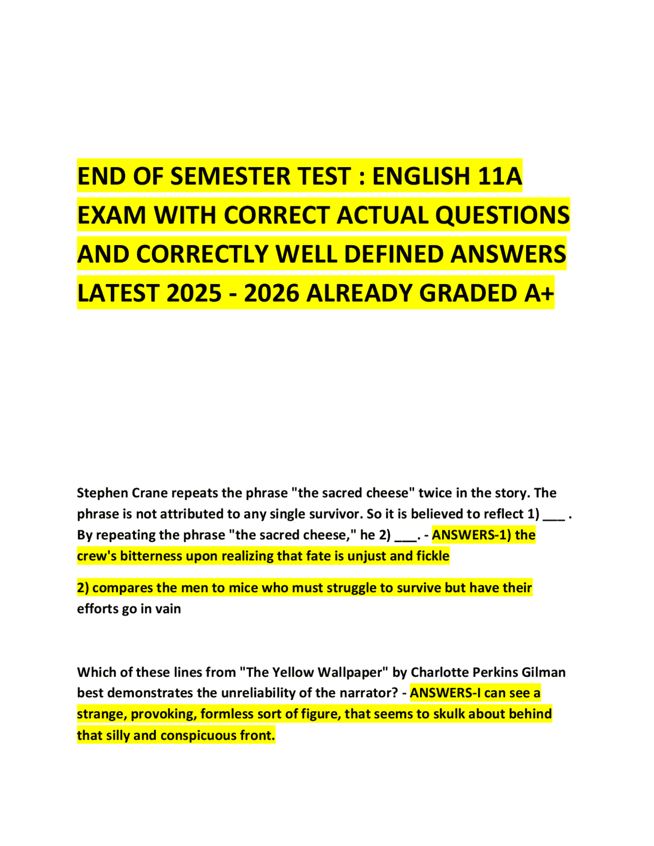END OF SEMESTER TEST : ENGLISH 11A EXAM WITH CORRECT ACTUAL QUESTIONS ...