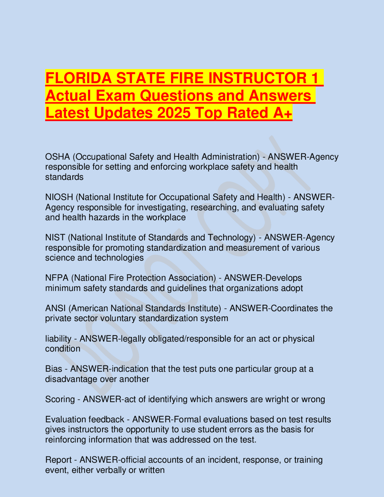 FLORIDA STATE FIRE INSTRUCTOR 1 Actual Exam Questions and Answers ...