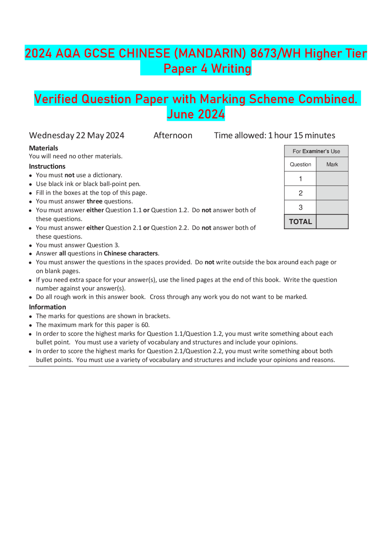 2024 AQA GCSE CHINESE (MANDARIN) 8673/WH Higher Tier Paper 4 Writing ...
