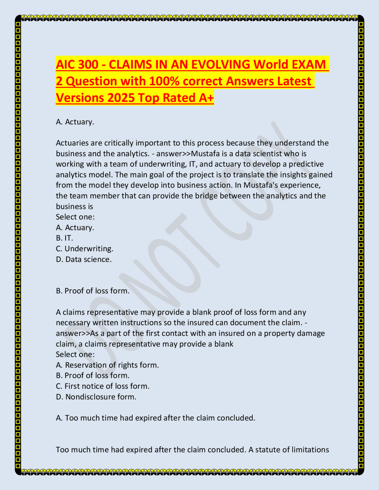 AIC 300 - CLAIMS IN AN EVOLVING World EXAM 2 Question with 100% correct ...