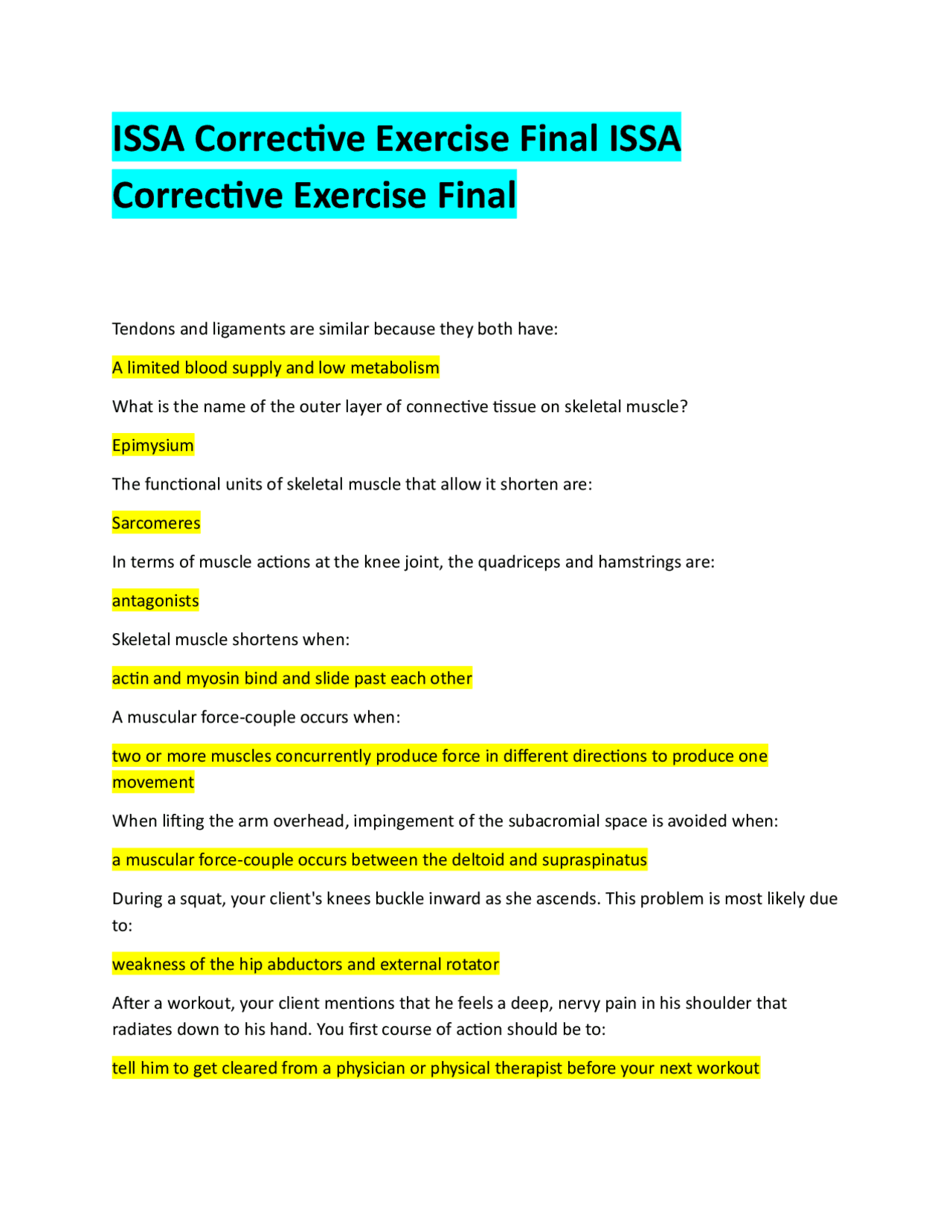 ISSA Corrective Exercise Final ISSA Corrective Exercise Final | Exams ...