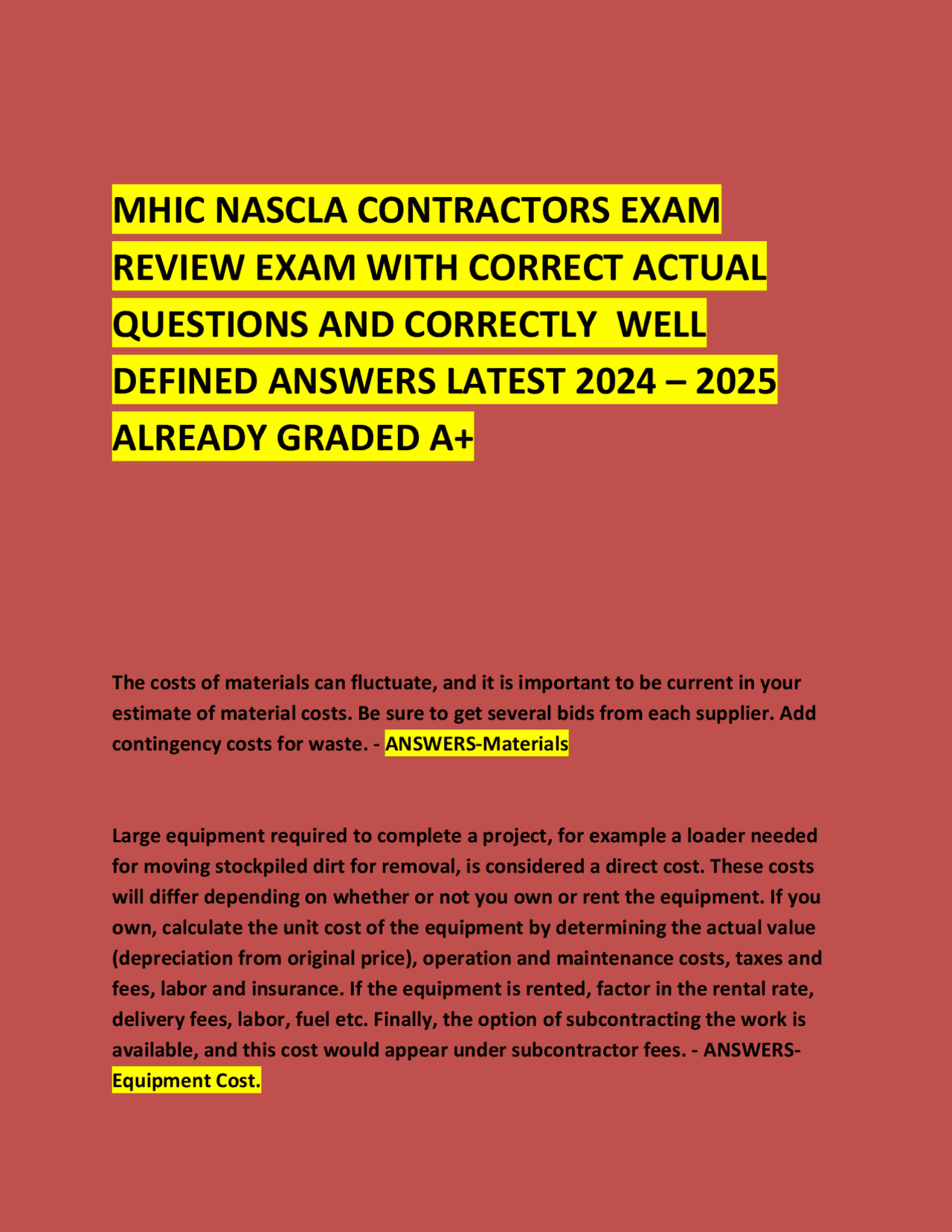 MHIC NASCLA CONTRACTORS EXAM REVIEW EXAM WITH CORRECT ACTUAL QUESTIONS ...