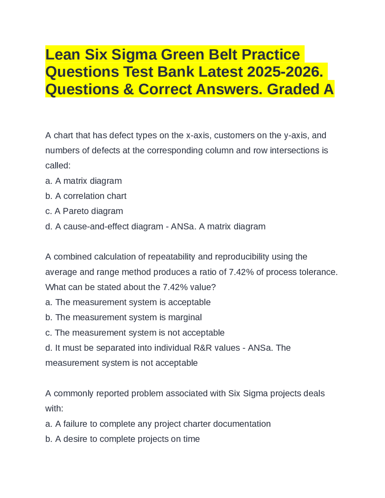 Lean Six Sigma Green Belt Practice Questions and Answers | Exams ...