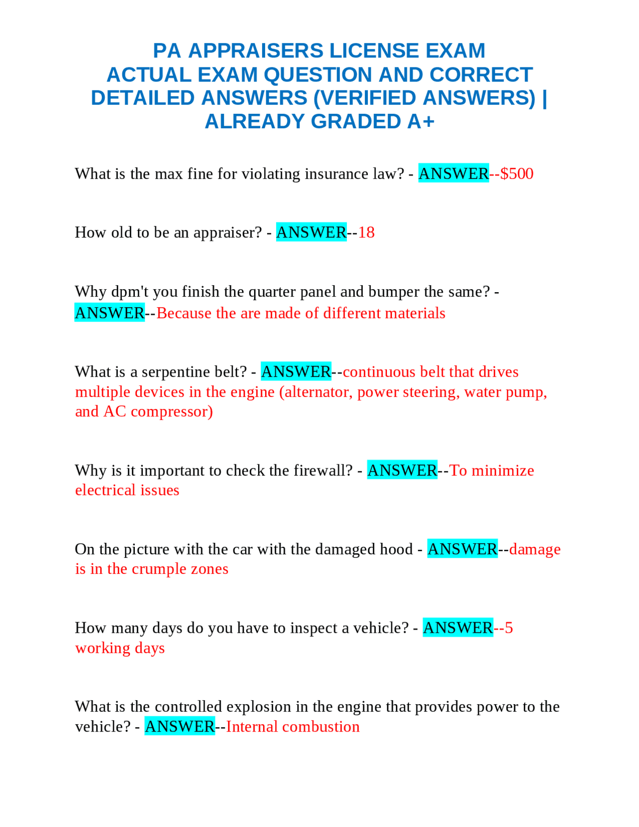 PA Appraisers License Exam: Questions and Answers | Exams Nursing | Docsity