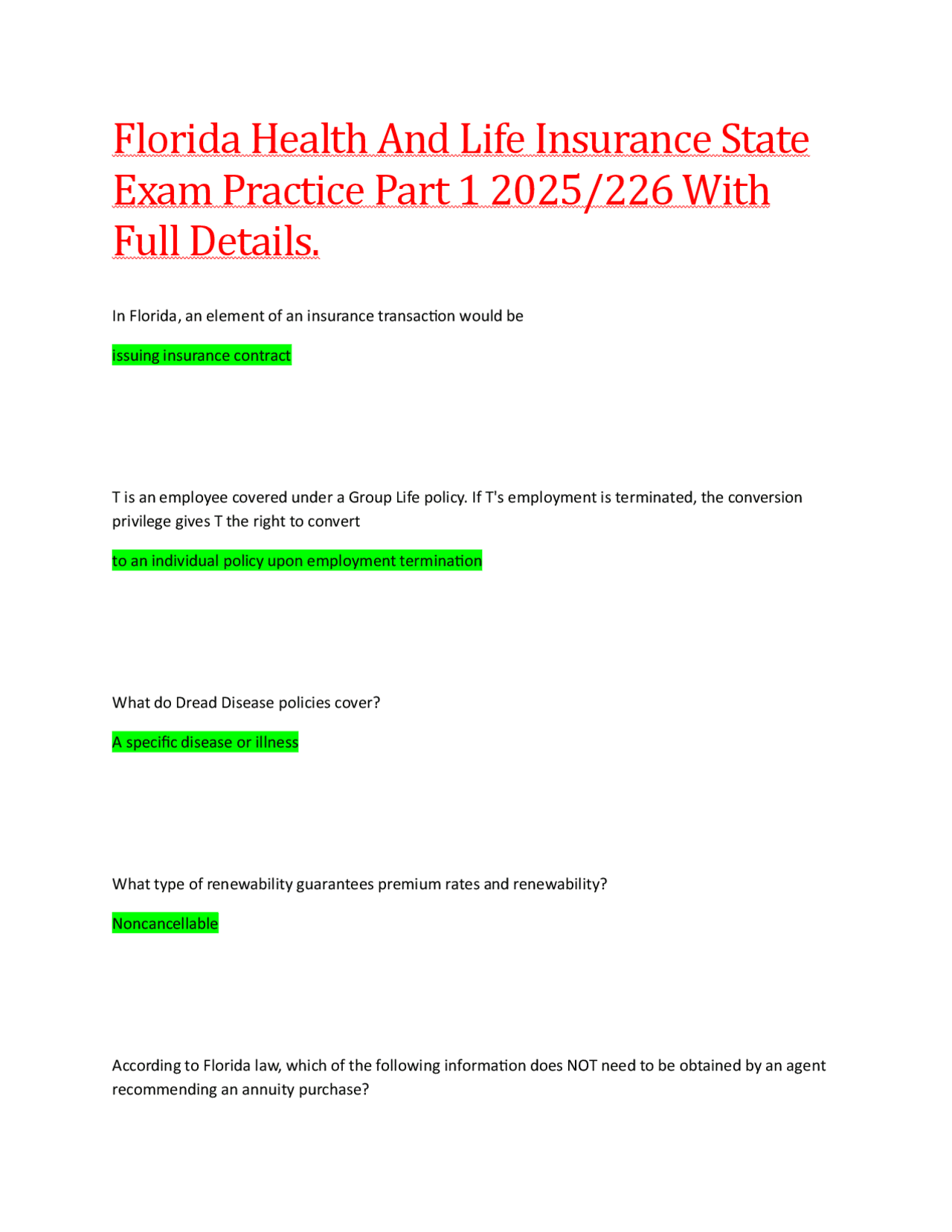 Florida Health and Life Insurance State Exam Practice Part 1 | Exams ...