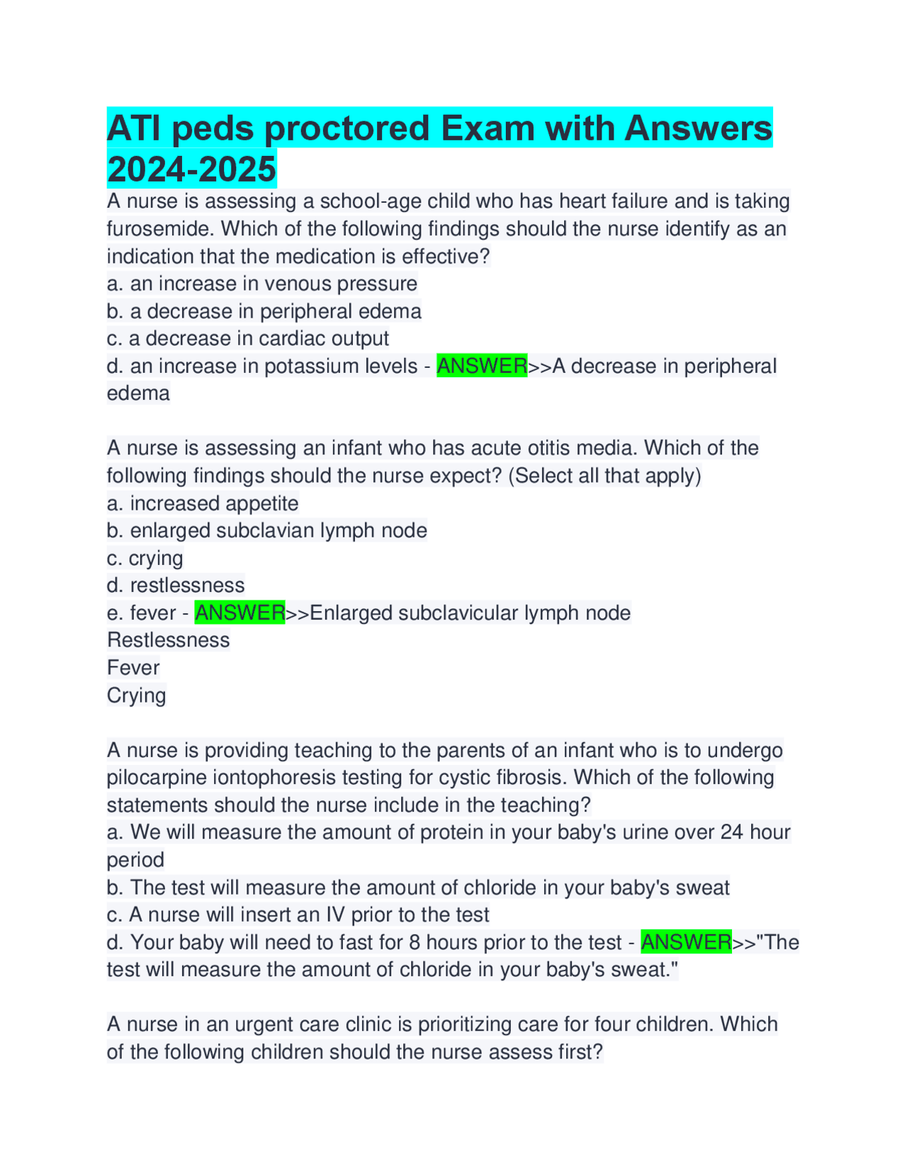 ATI PEDS PROCTORED EXAM 2024-2025 WITH VERIFIED QUESTIONS AND ANSWERS ...