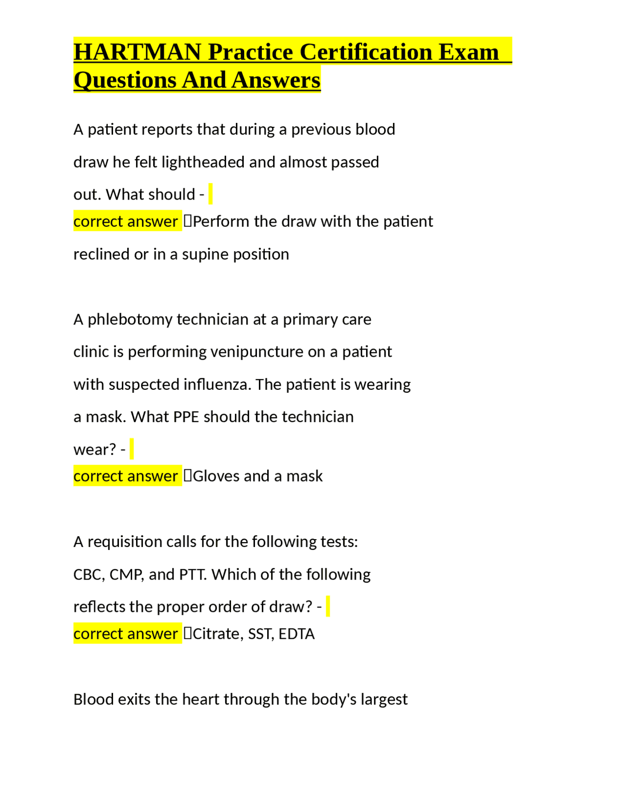 Phlebotomy Certification Exam Practice Questions and Answers | Exams ...