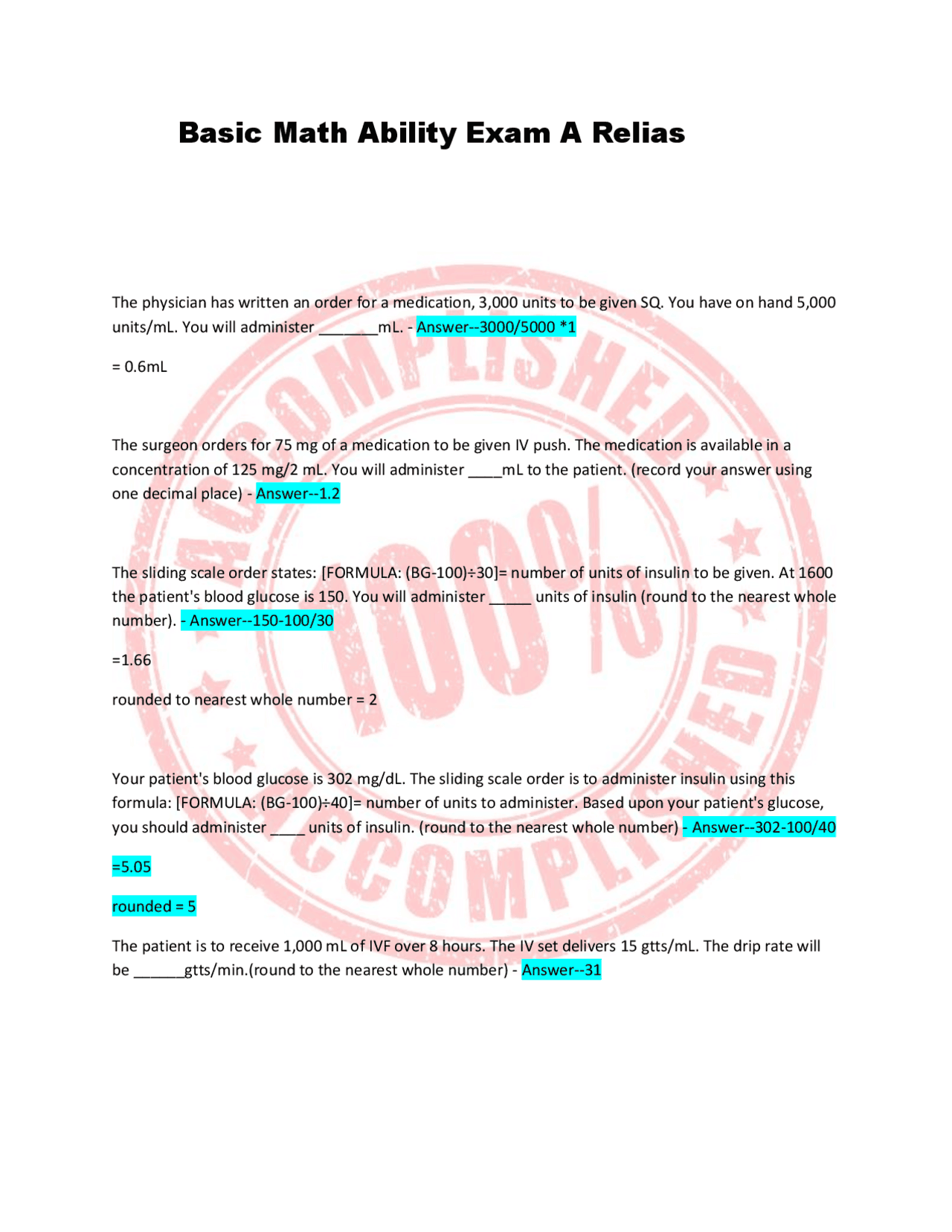 Basic Math Ability Exam A Relias | Exams Nursing | Docsity