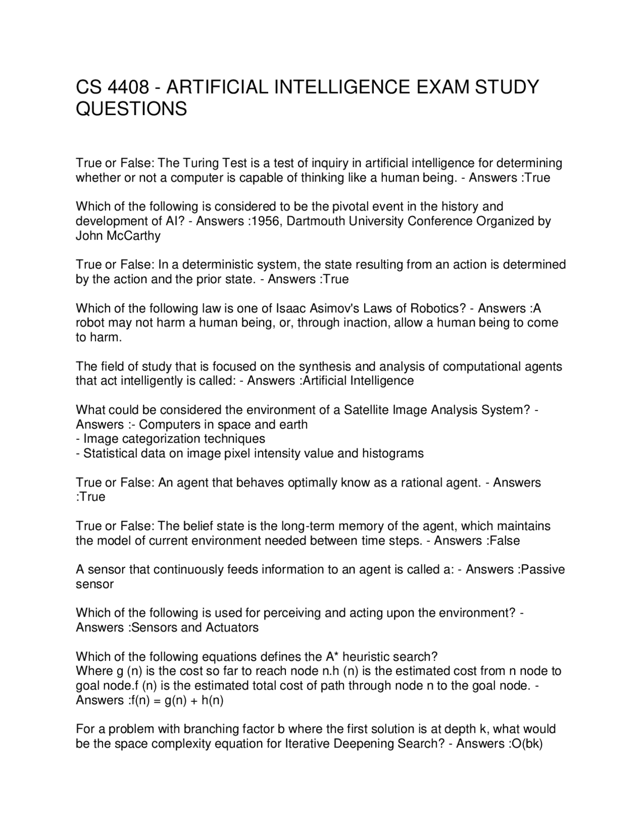 Artificial Intelligence Exam Study Questions and Answers | Exams Social Sciences | Docsity