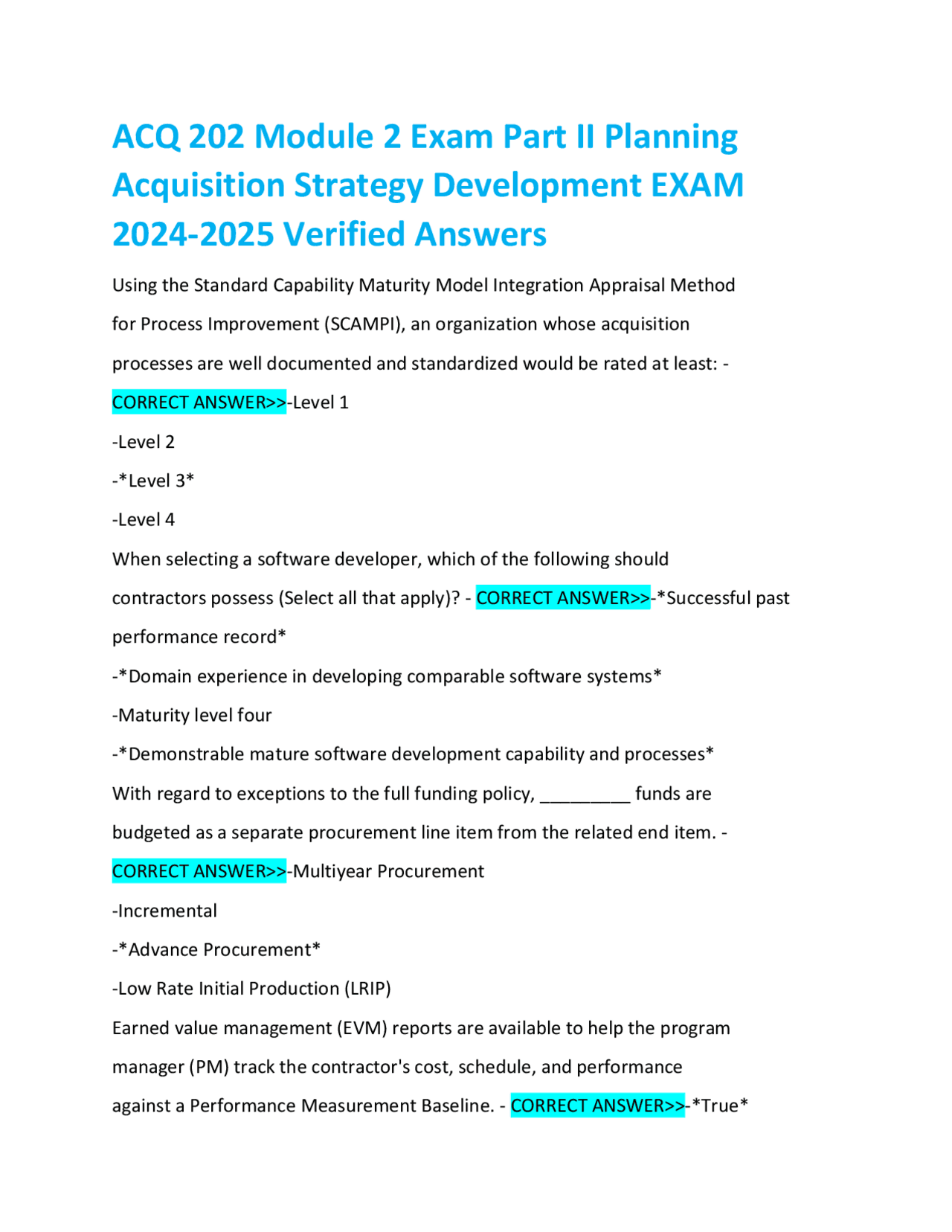 ACQ 202 Module 2 Exam Part II Planning Acquisition Strategy Development ...