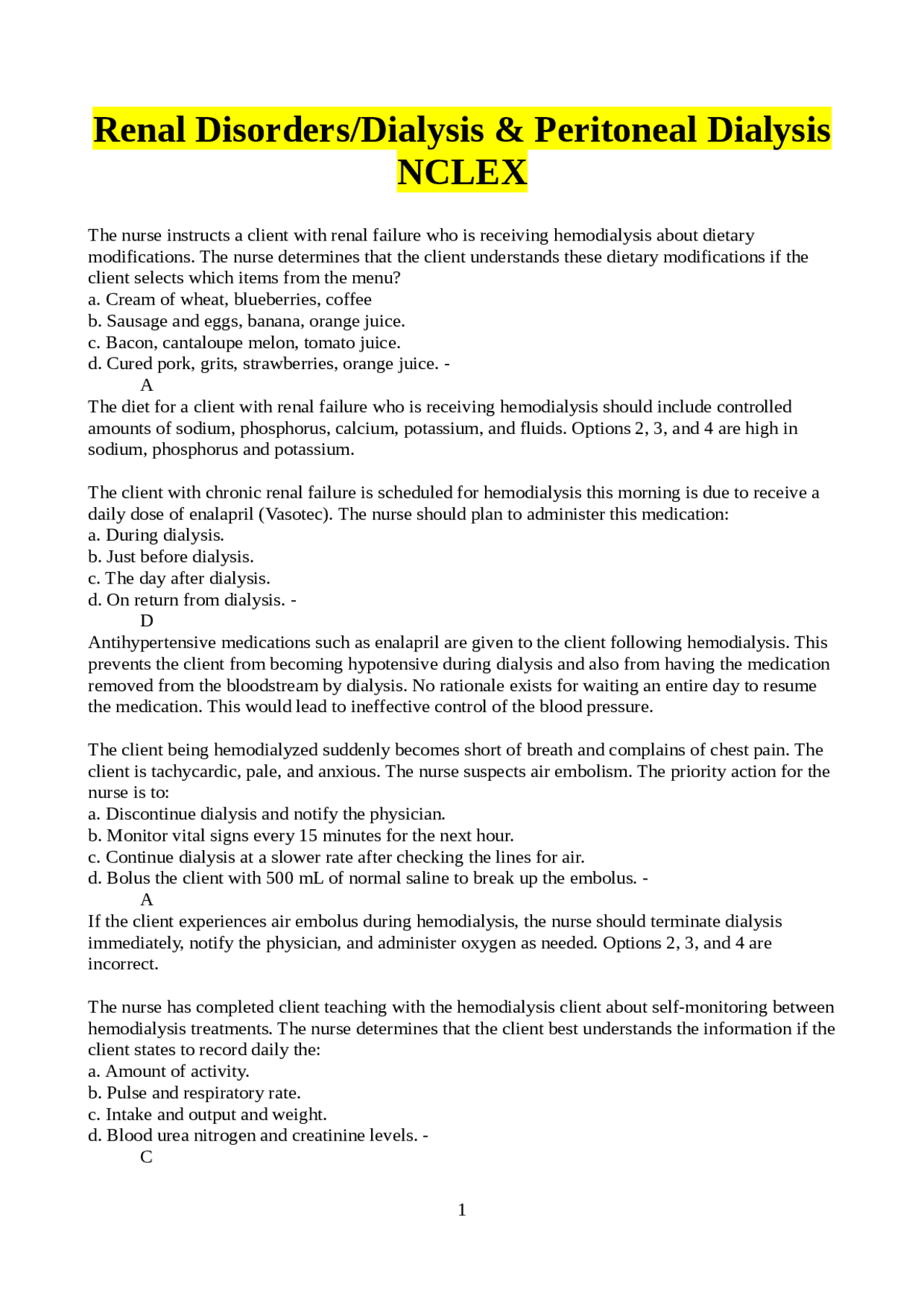 Renal Disorders and Dialysis: NCLEX-Style Questions and Answers | Exams ...