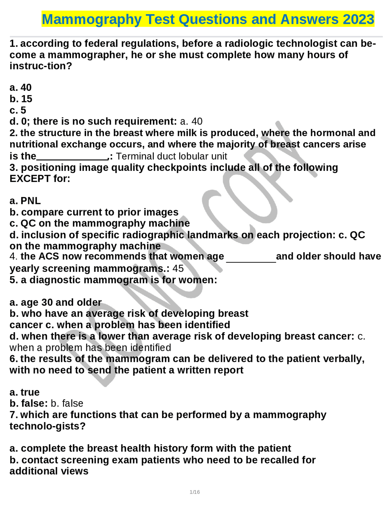 Mammography Test Questions and Answers | Exams Nursing | Docsity